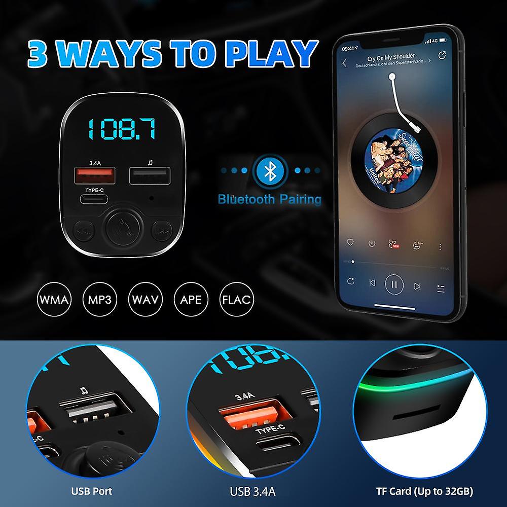 3in1 Car Bluetooth 5.0 FM Transmitter Mp3 Player 3.4A Dual Port USB ...