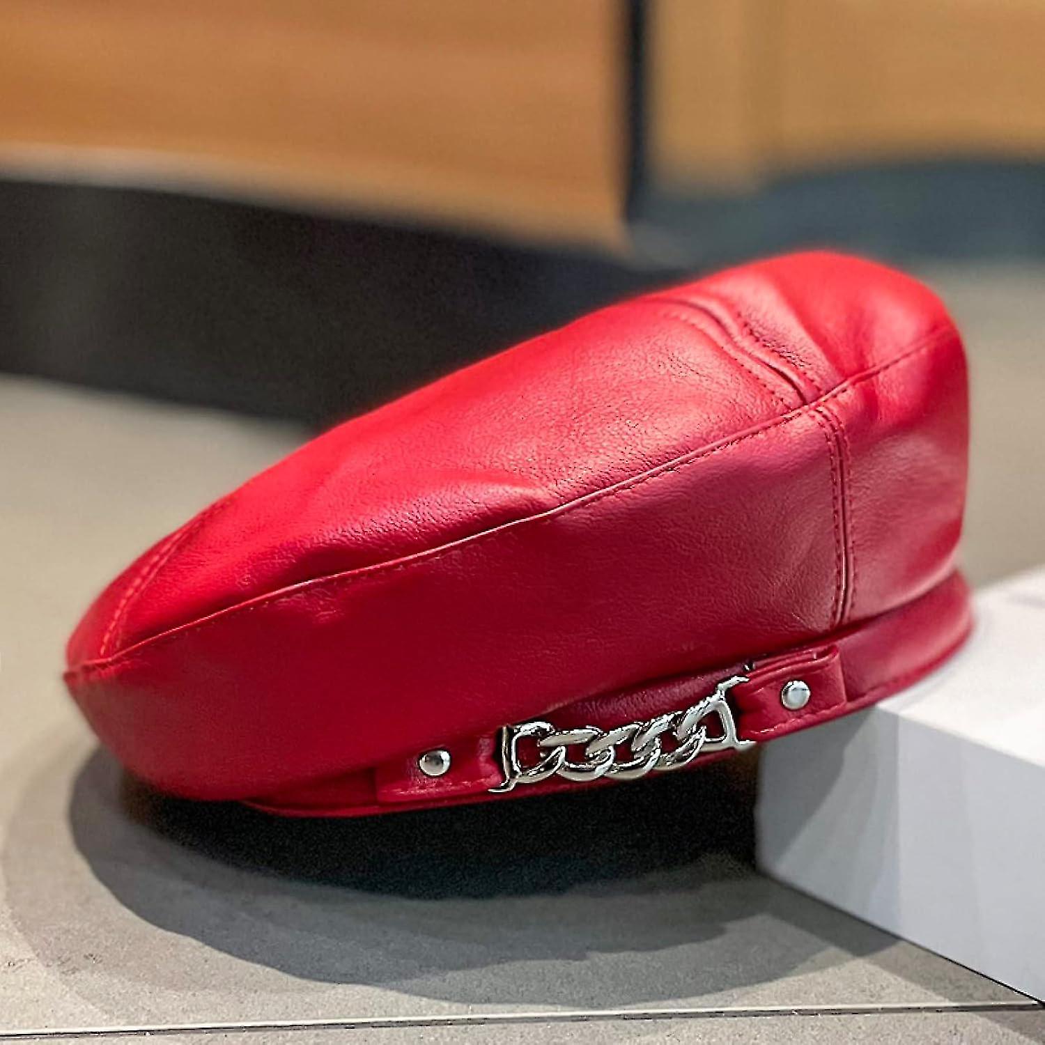 French Beret Vintage Beret Hats for Women Solid Artist Hat Pu Leather Metal Chain Flat Top Hat ...