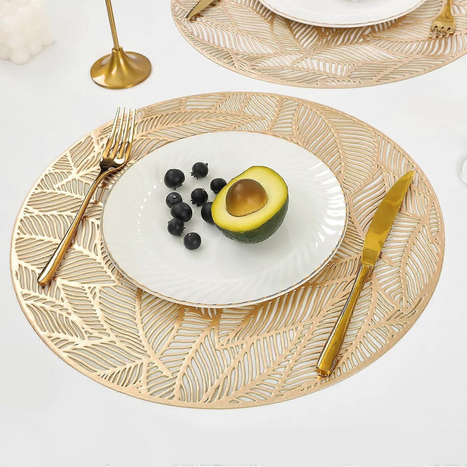 6 Pack Round Pressed Vinyl Placemats Metallic Place Mat Laminated Leaf Placemats Non-Slip Heat ...