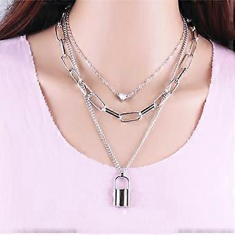 Silver Layered Necklace Aesthetic Punk Jewelry Lock and Key Thick Chain ...