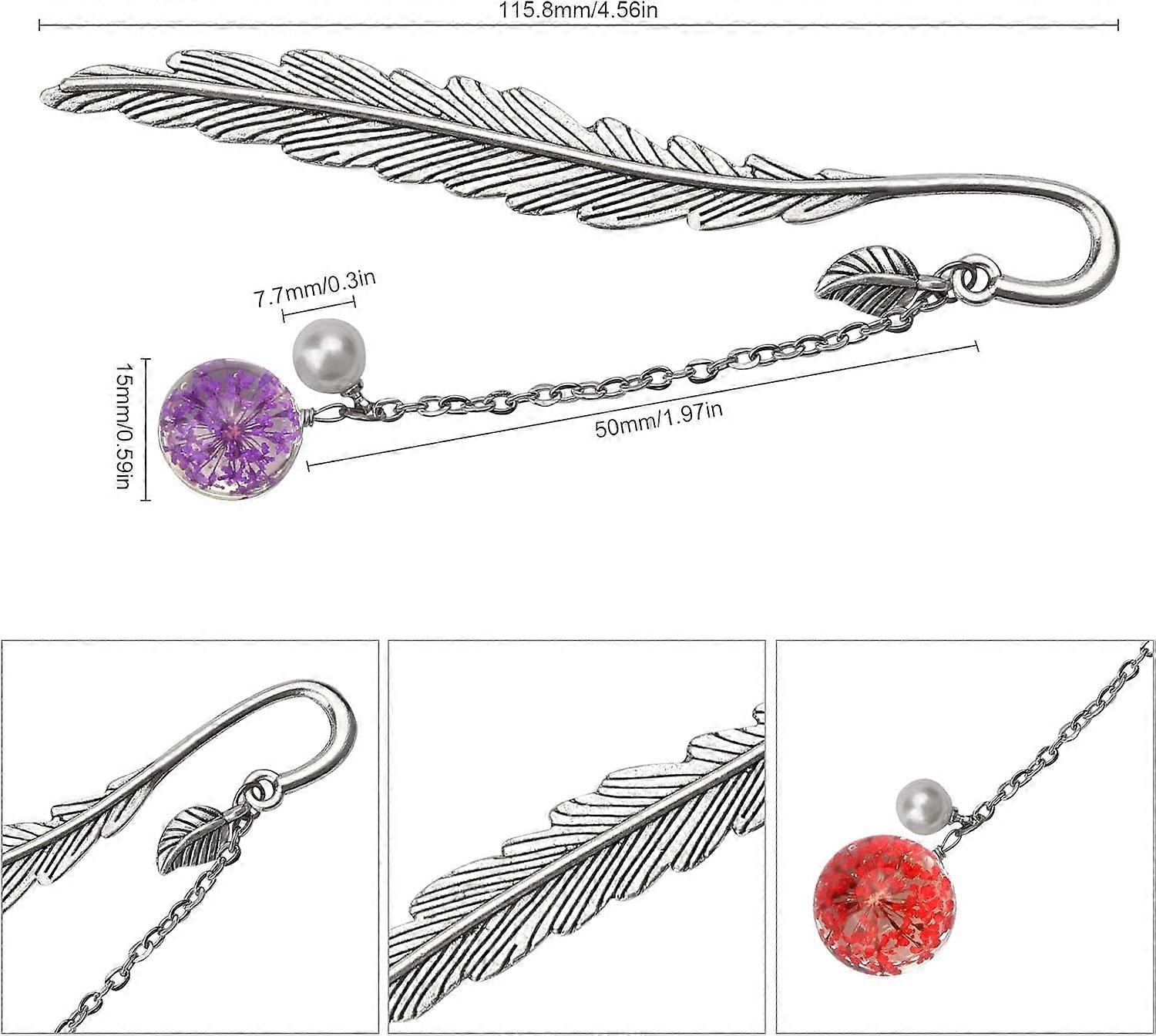 6 Pieces Metal Feather Bookmarks with Leaf Eternal Dry Flower Pearl ...