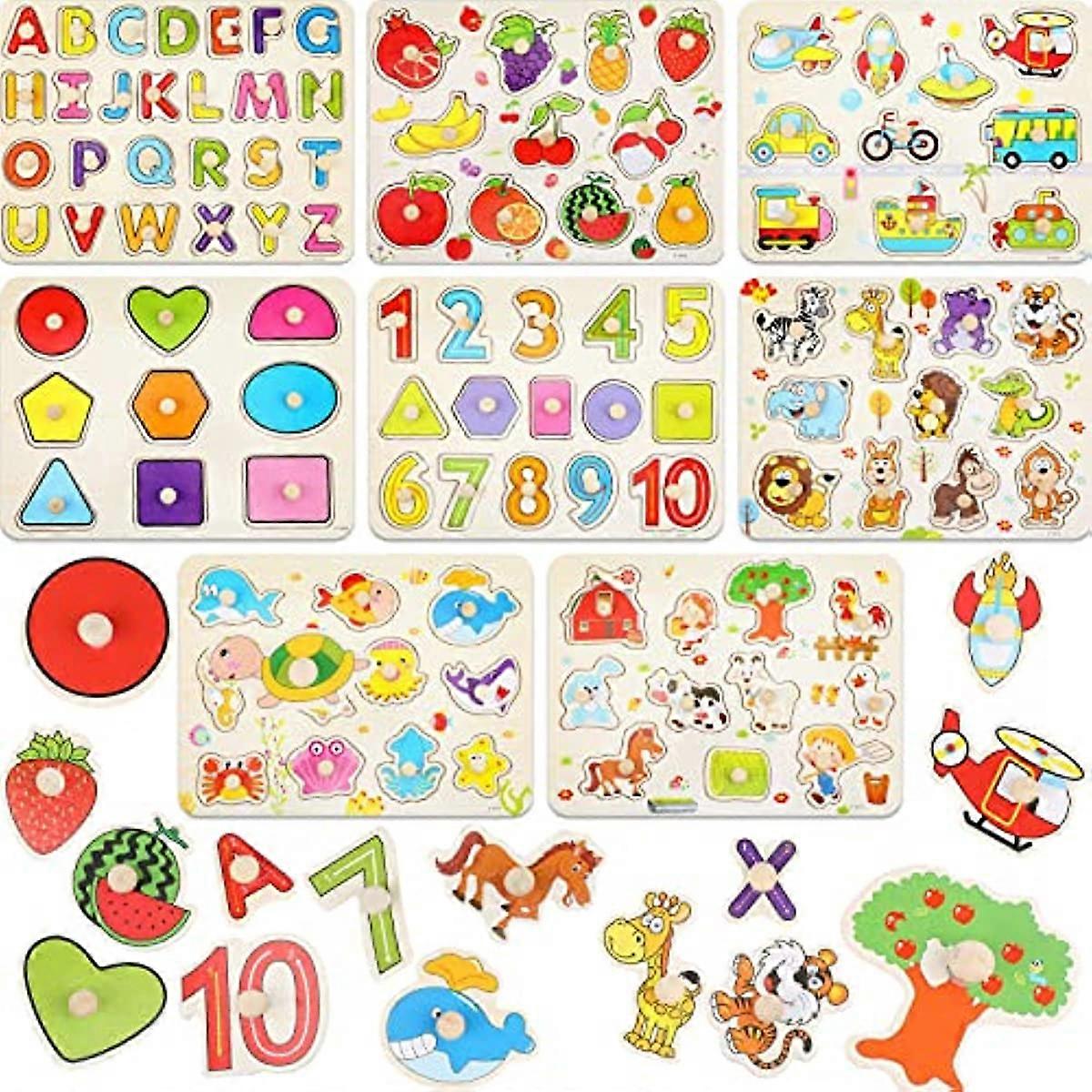 8 Set Wooden Peg Puzzles for Toddlers 2-4 Years Alphabet Number Animal ...
