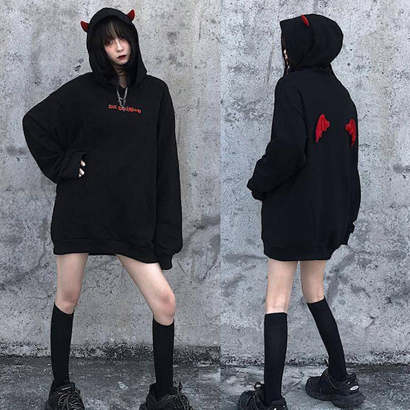 Black Devil Ears and Wing Long Sleeve Sweater with Hoodie Pullover for ...