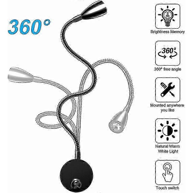 3 Pack of Wall-Mounted LED Reading Lamps with 3W Warm White Light and ...