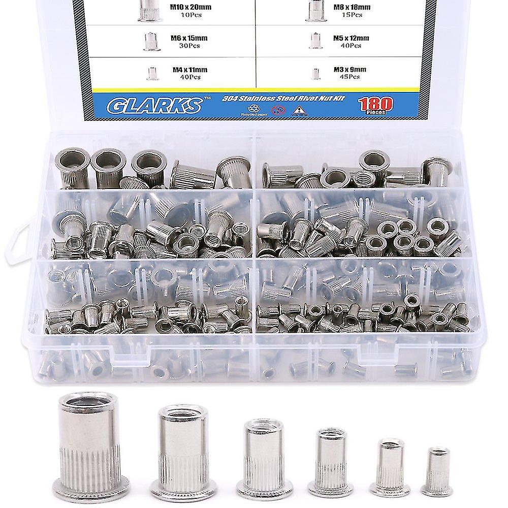 180pcs 304 Stainless Steel Flat Head Threaded Rivetnut Insert Nutsert Rivet Nut Assortment Kit ...