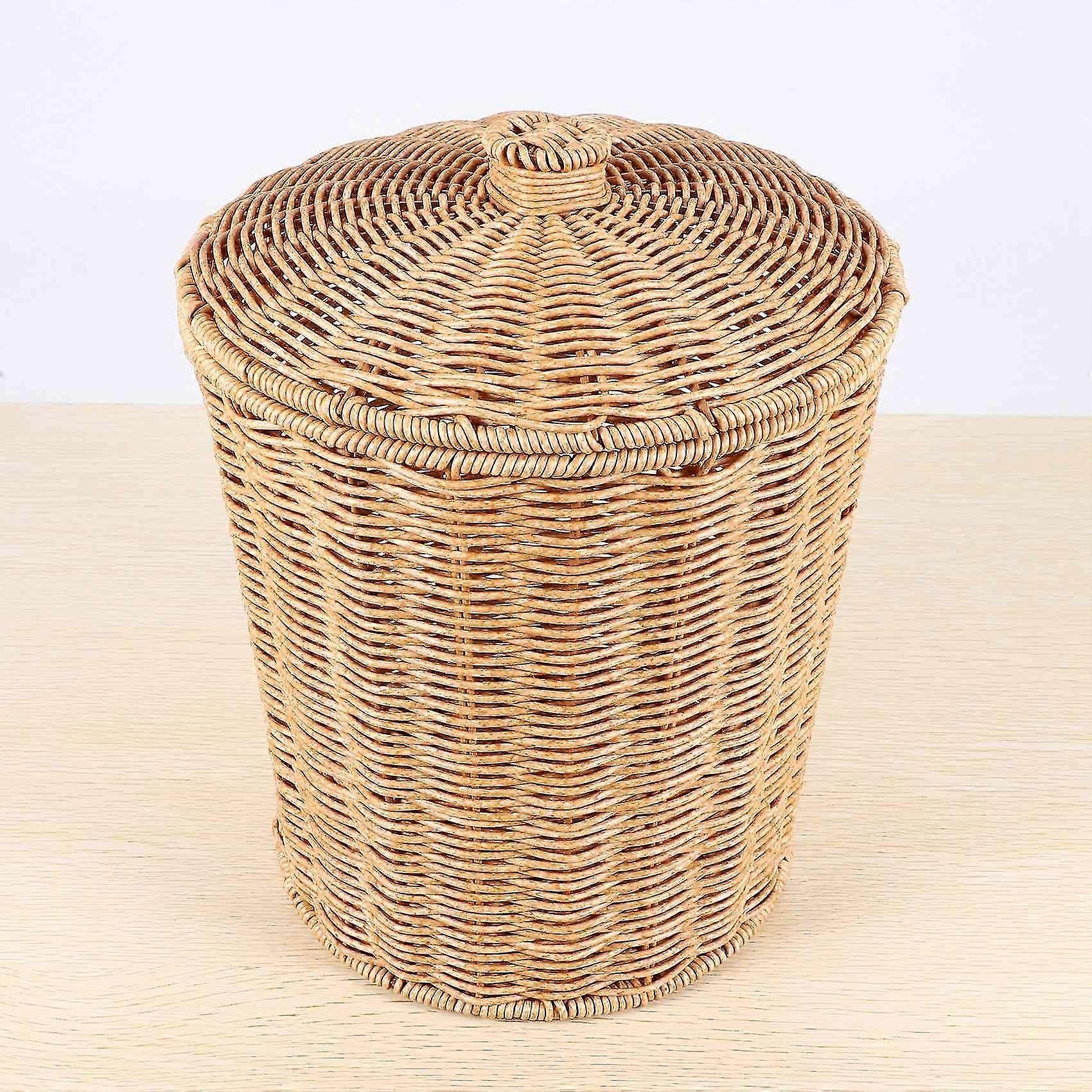 Woven Basket Trash Can Round Rattan Waste Basket With Lid Planter Woven ...