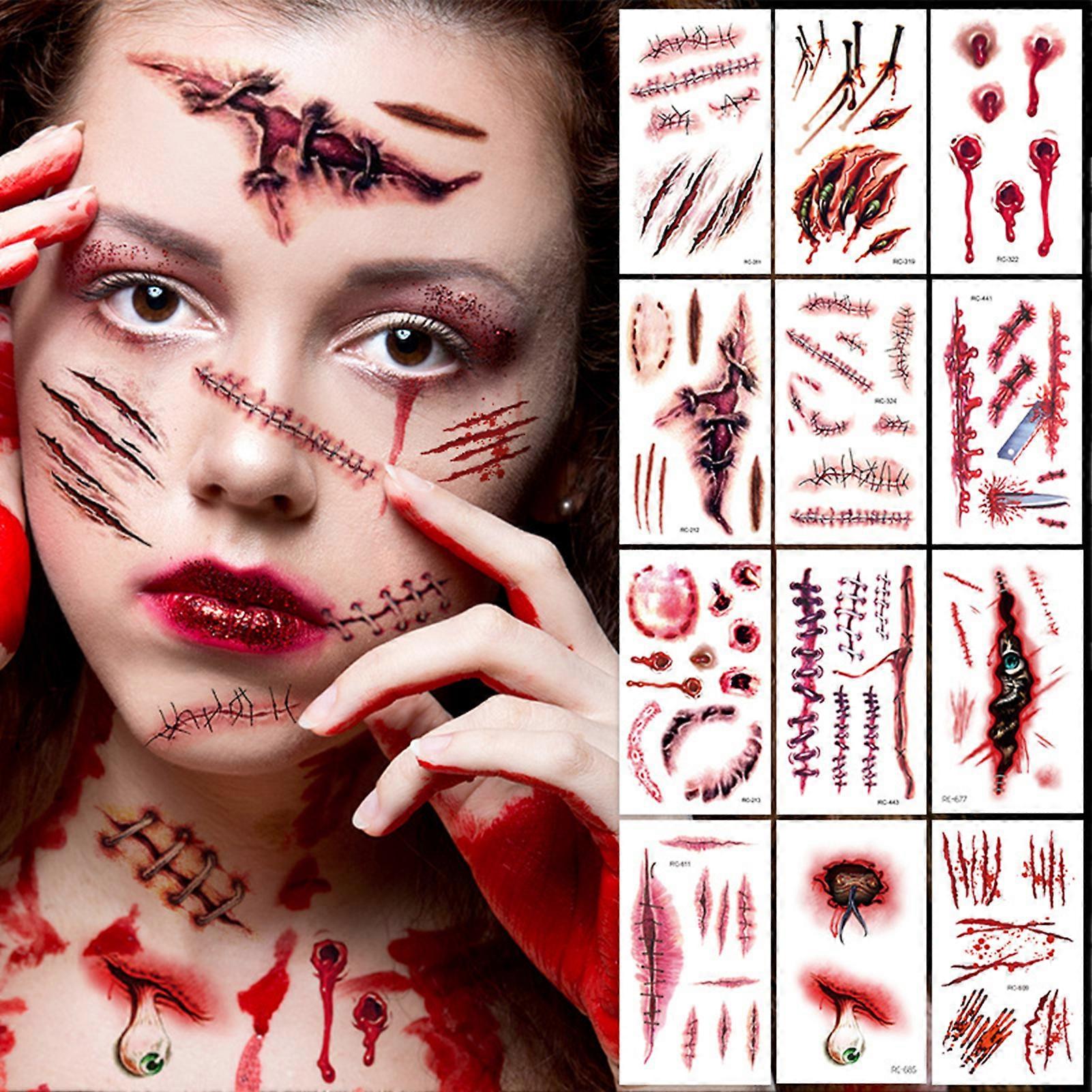 10Pcs Halloween Tattoo Stickers Scar Temporary Cosplay Body Art Decal ...