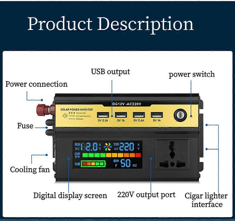 Peak 2200W Power Inverter DC 12V To AC 220V Converterr with USB Charger Universal Dual Socket ...