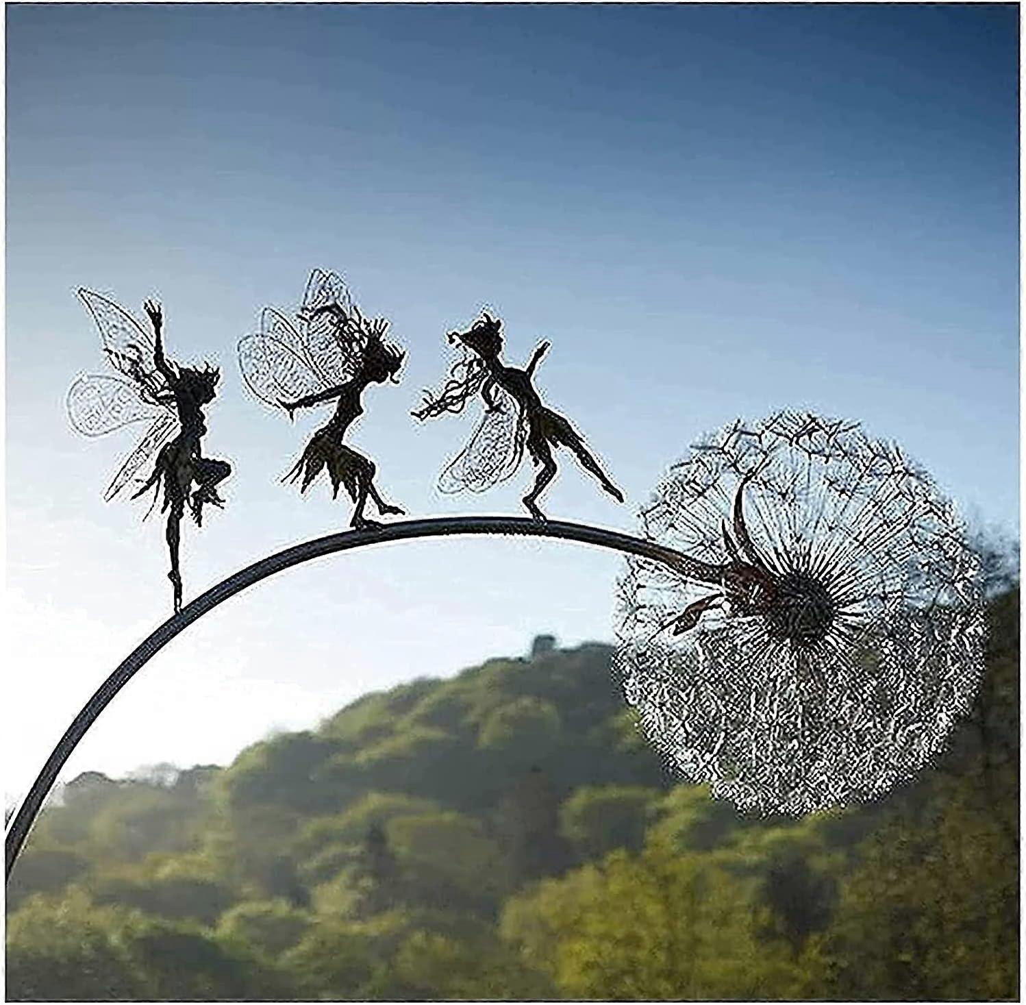 SBSG Fairies Dandelions Garden Art Sculpture Dance Together Yard Decorations Stainless Steel ...