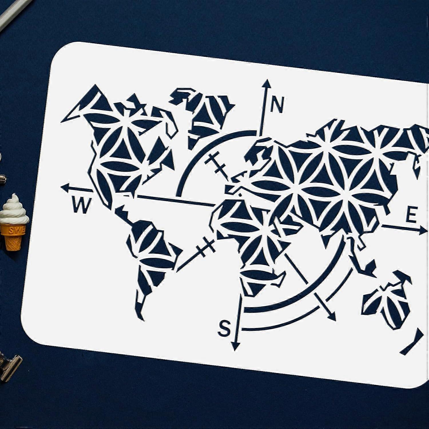 World Map Painting Stencil 11.7x8.3 inch Reusable Flower of Life Map ...