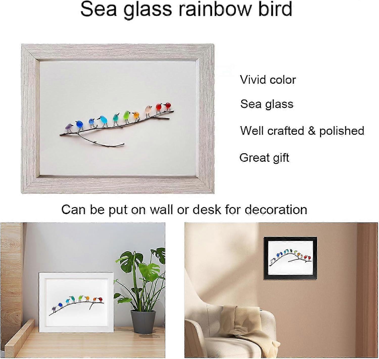 Sea Glass Rainbow Birds, Sea Glass Birds On Branch, Framed Unique ...