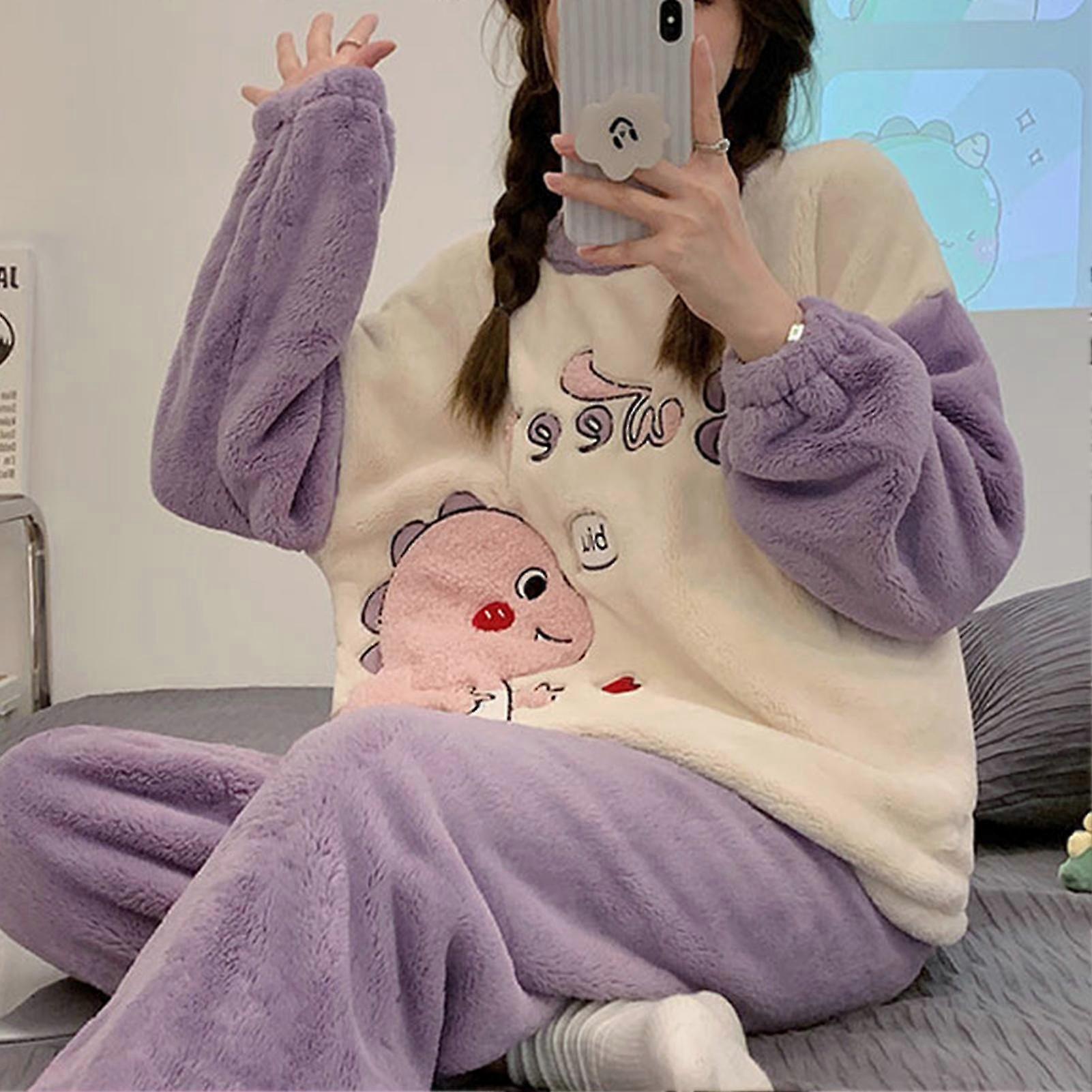 Women Fluffy Pajamas Set Kawaii Leisure Loose Two-piece Sleepwear Set ...