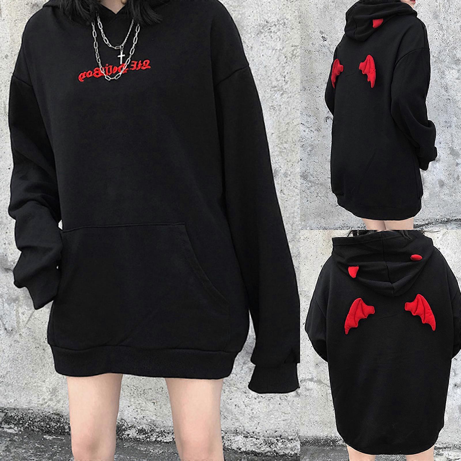 Black Devil Ears and Wing Long Sleeve Sweater with Hoodie Pullover for ...