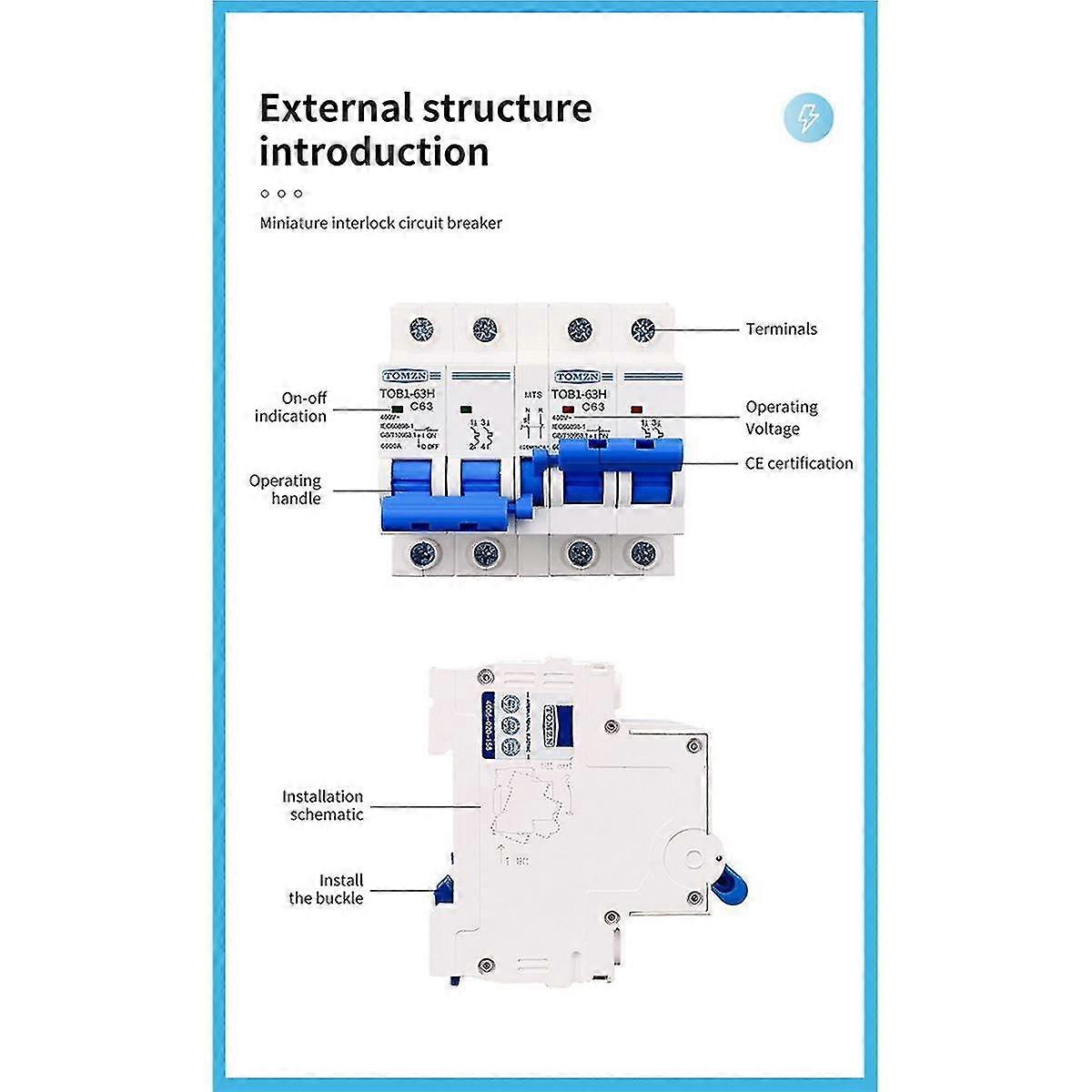 TOMZN 2P+2P MTS TOMZN AC Dual Power Manual Transfer Switch Circuit Breaker MCB 50HZ/60HZ, 63A ...