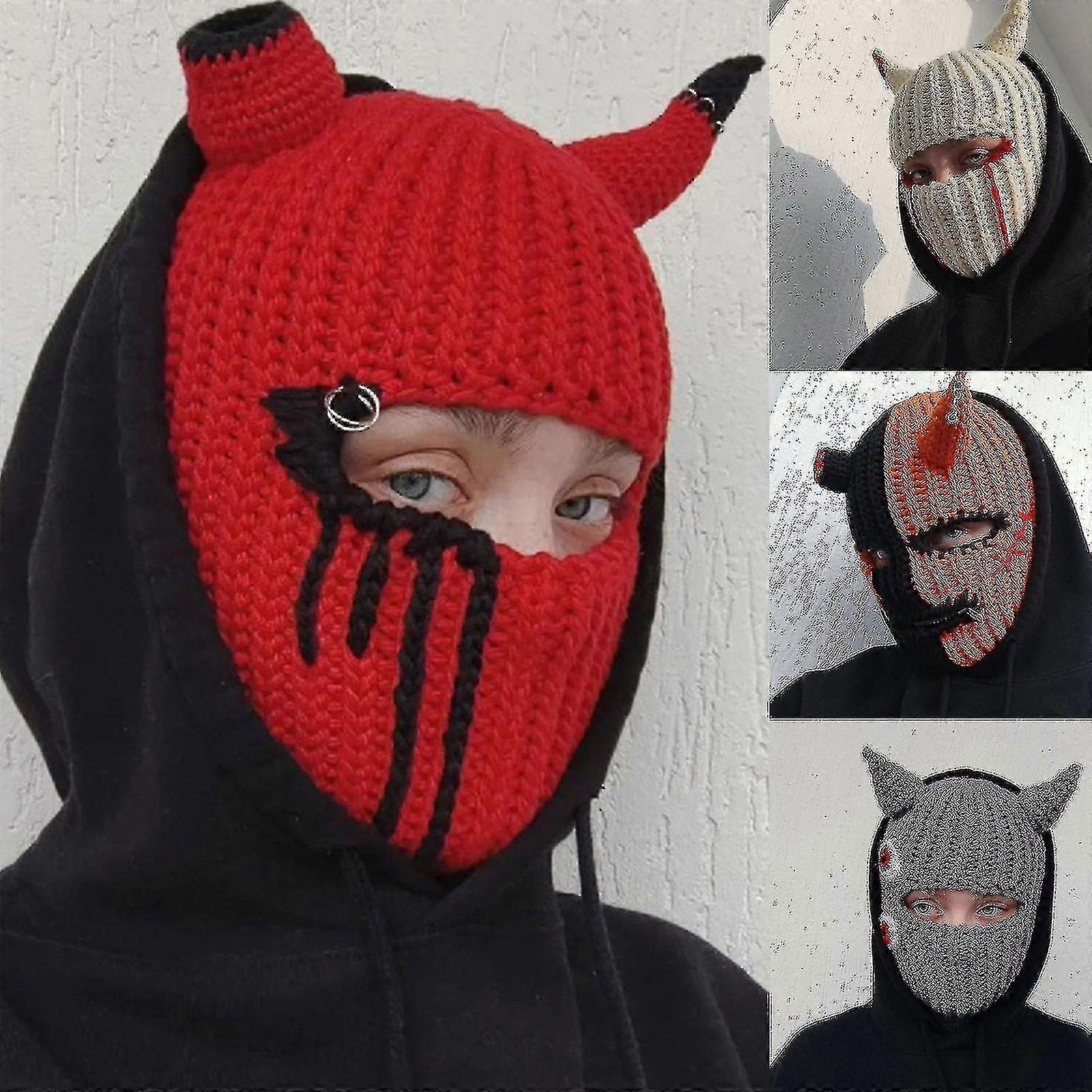 Knitted Hat Full Face Mask Woolen Hat Horn Hat Balaclava Hat For ...