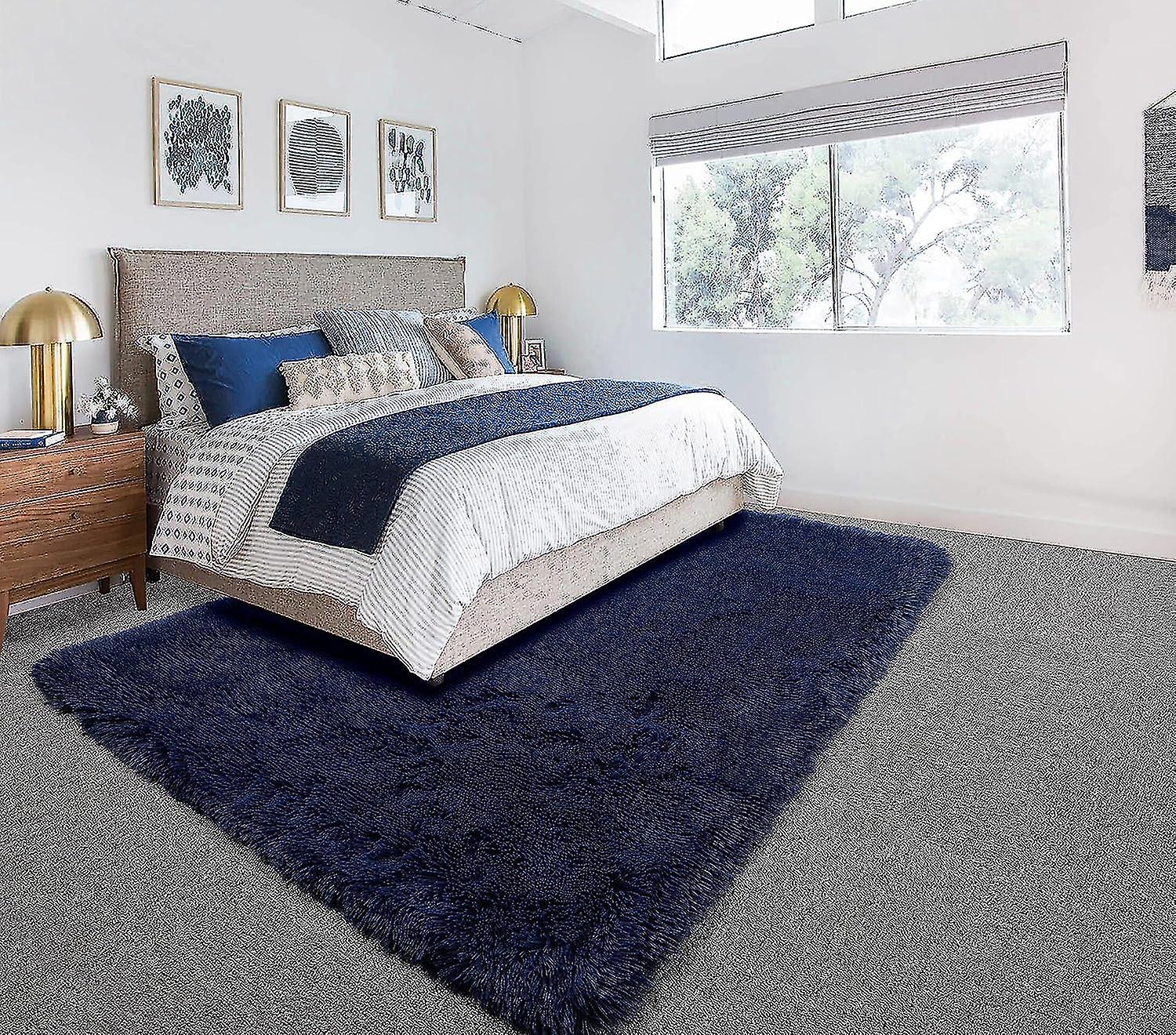 Dark Navy Area Rug For Bedroom,4'x6',fluffy Shag Rug For Living Room ...