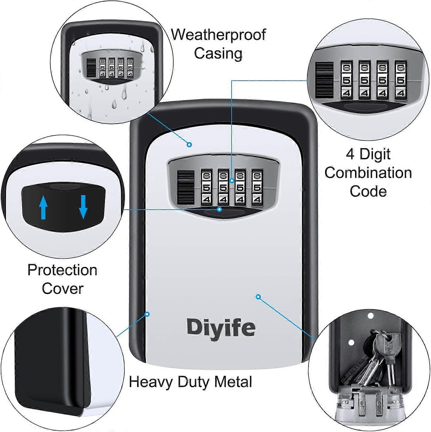 Secure Key Box, Diyife Outdoor Waterproof Zinc Alloy Secure Storage ...