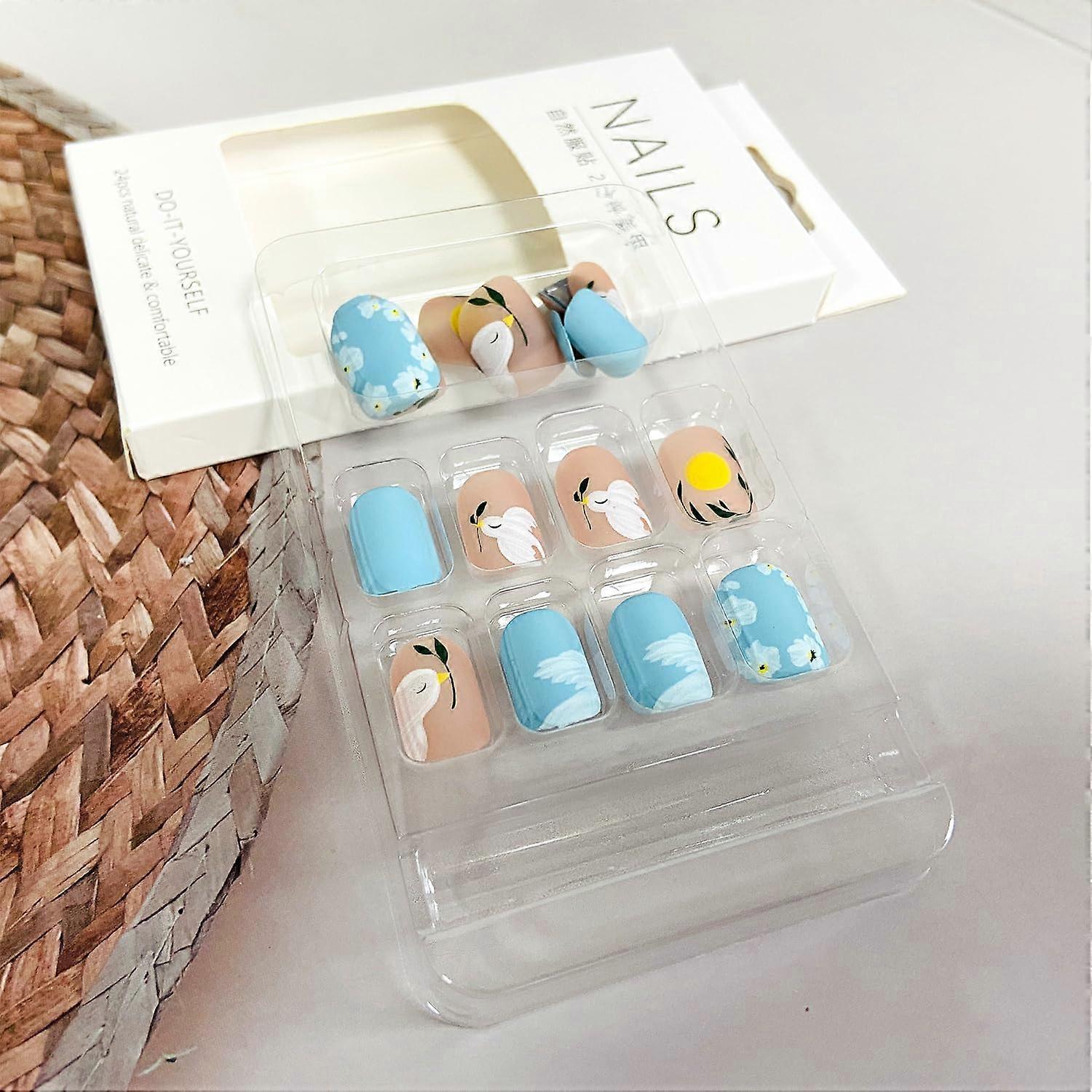 Short Square Press on Nails Flower Pigeon Sun False Nails Matte Blue ...