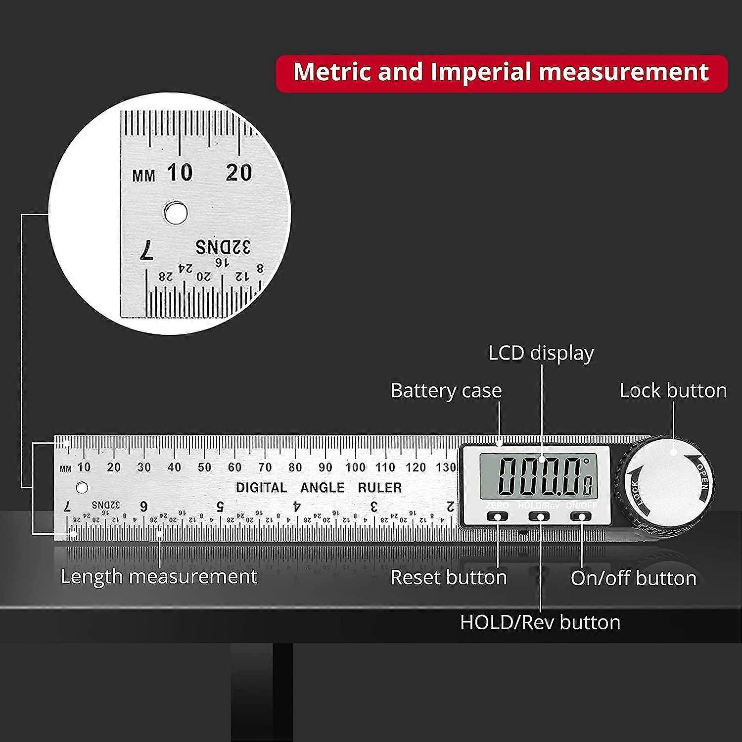 Digital Angle Ruler 2 In 1 Digital Angle Protractor With Hold/rev Zero ...