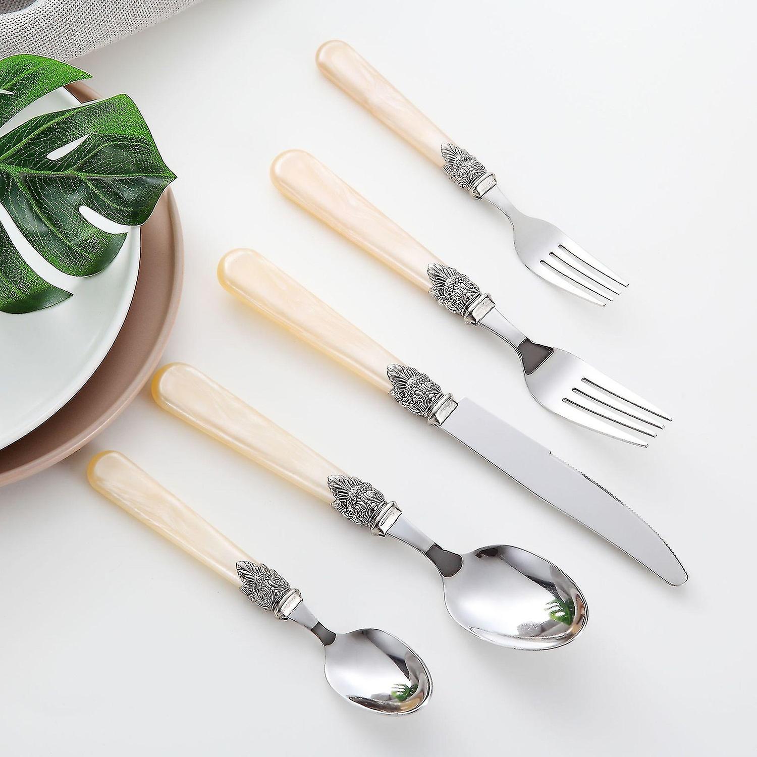 4PCS Ivory Cream Cutlery Set, Stainless Steel with Detailed Handle ...