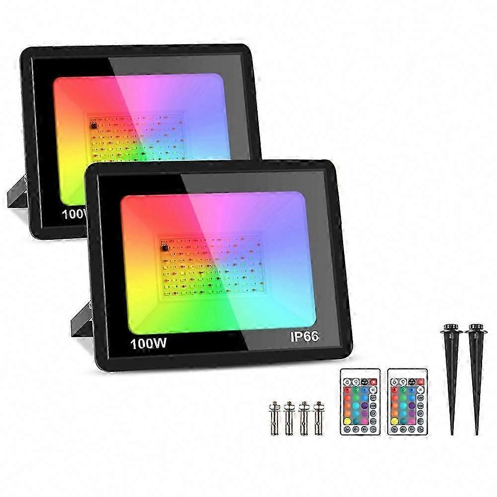 2 Pack 100W RGB LED Flood Lights IP66 Waterproof Color Changing ...