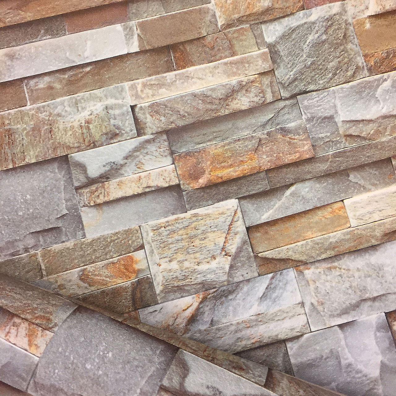 3D Brown Slate Brick Stone Effect Tapete Luxus Textured Non Woven Vinyl ...