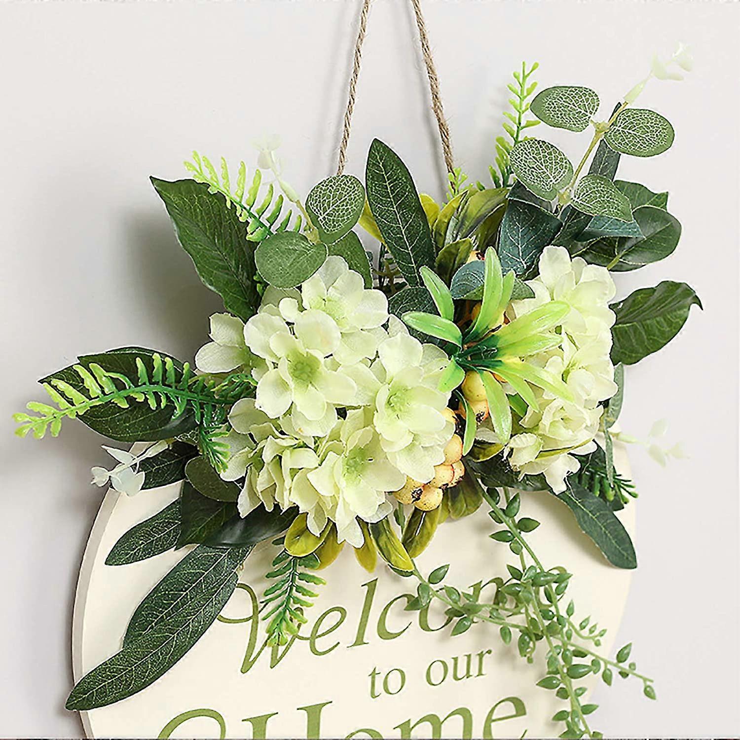 Wooden Welcome Sign with Hooks and Fake Flowers Hanging Garland with ...