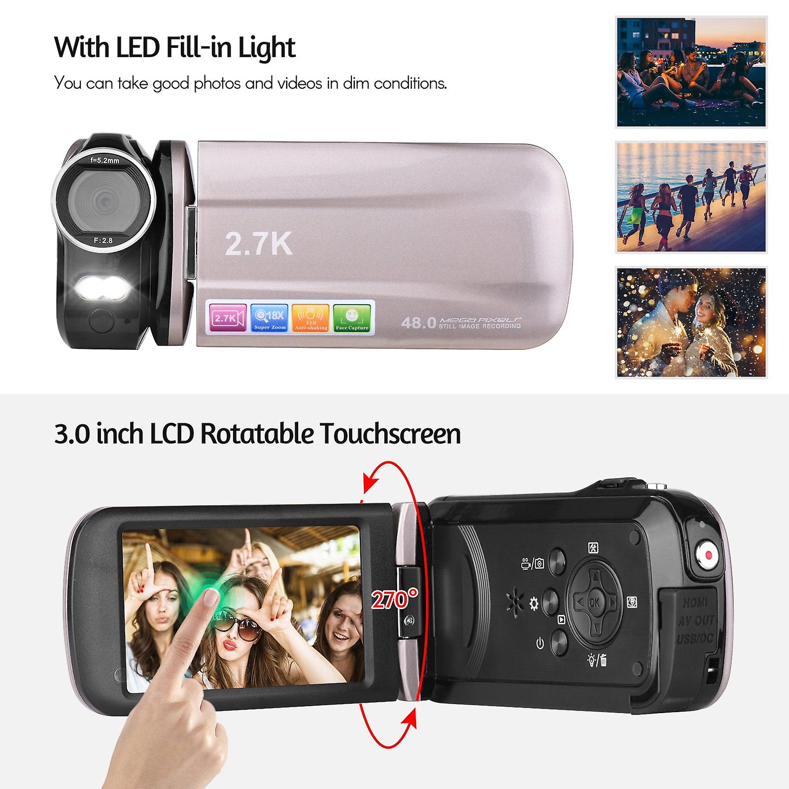 1080P/2.7k Hd Digital Video Camera Dv Camcorder 3 Inch Lcd Touchscreen ...