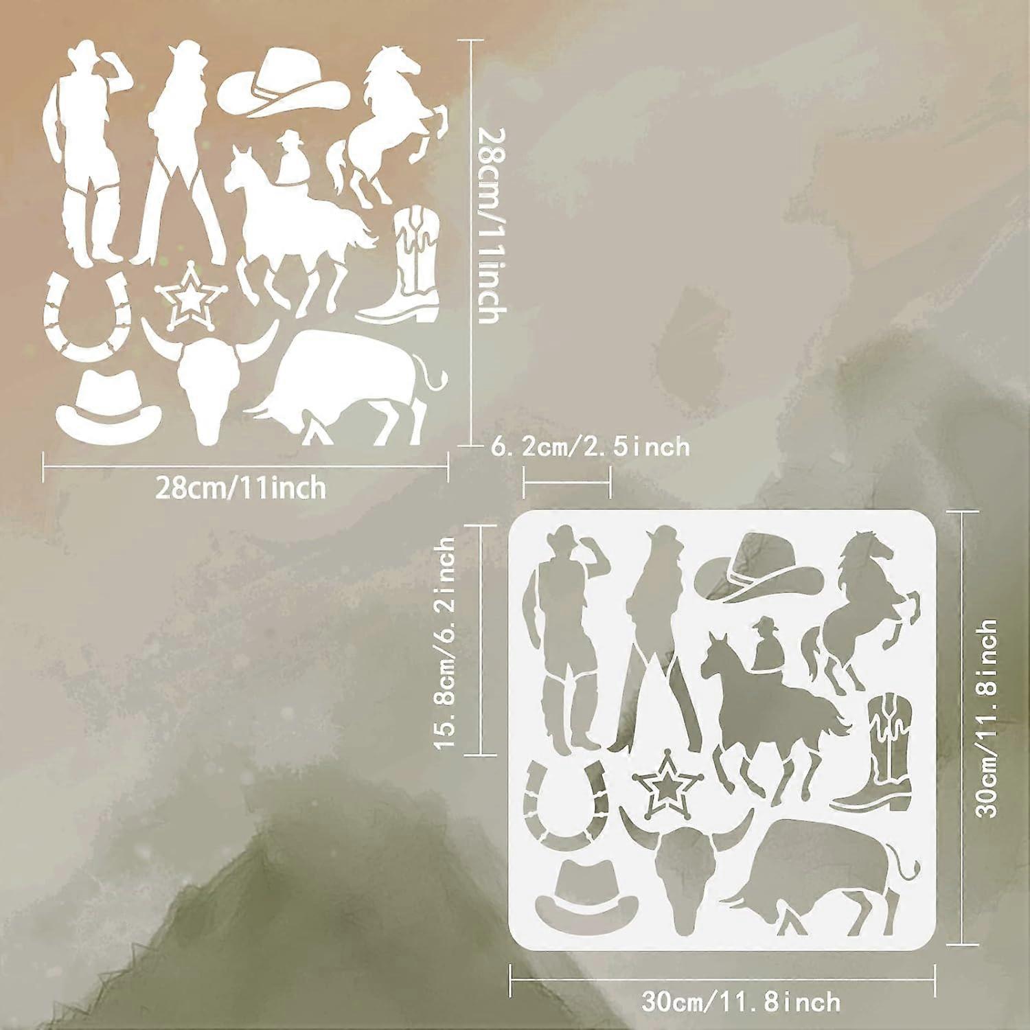 Western Cowboy Stencil 11.8x11.8 inch Cowboy Theme Drawing Painting Stencils Plastic Star Cactus ...