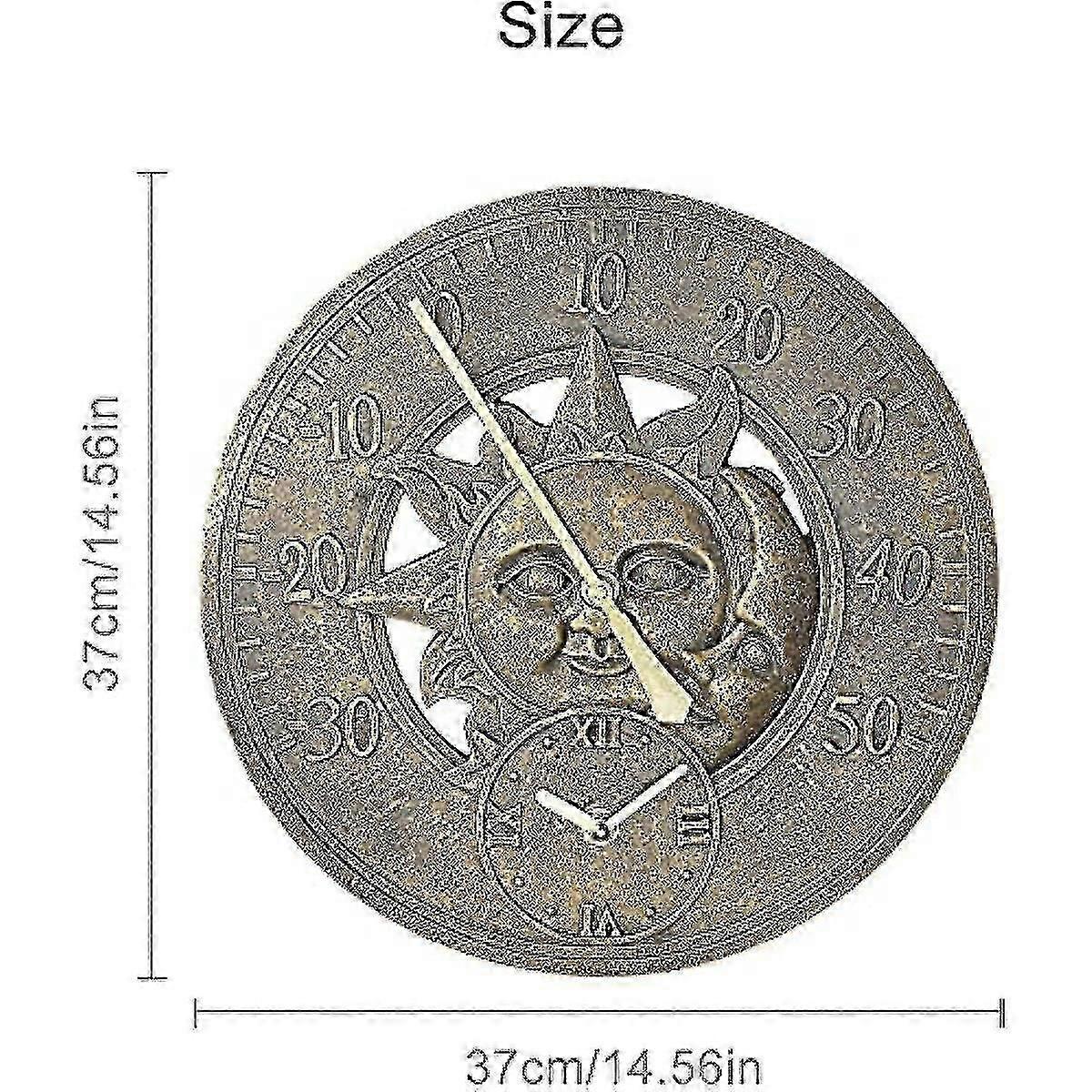 Garden Thermometer Clock Analogue Wall Bronze Sun & Moon 30cm Clock ...