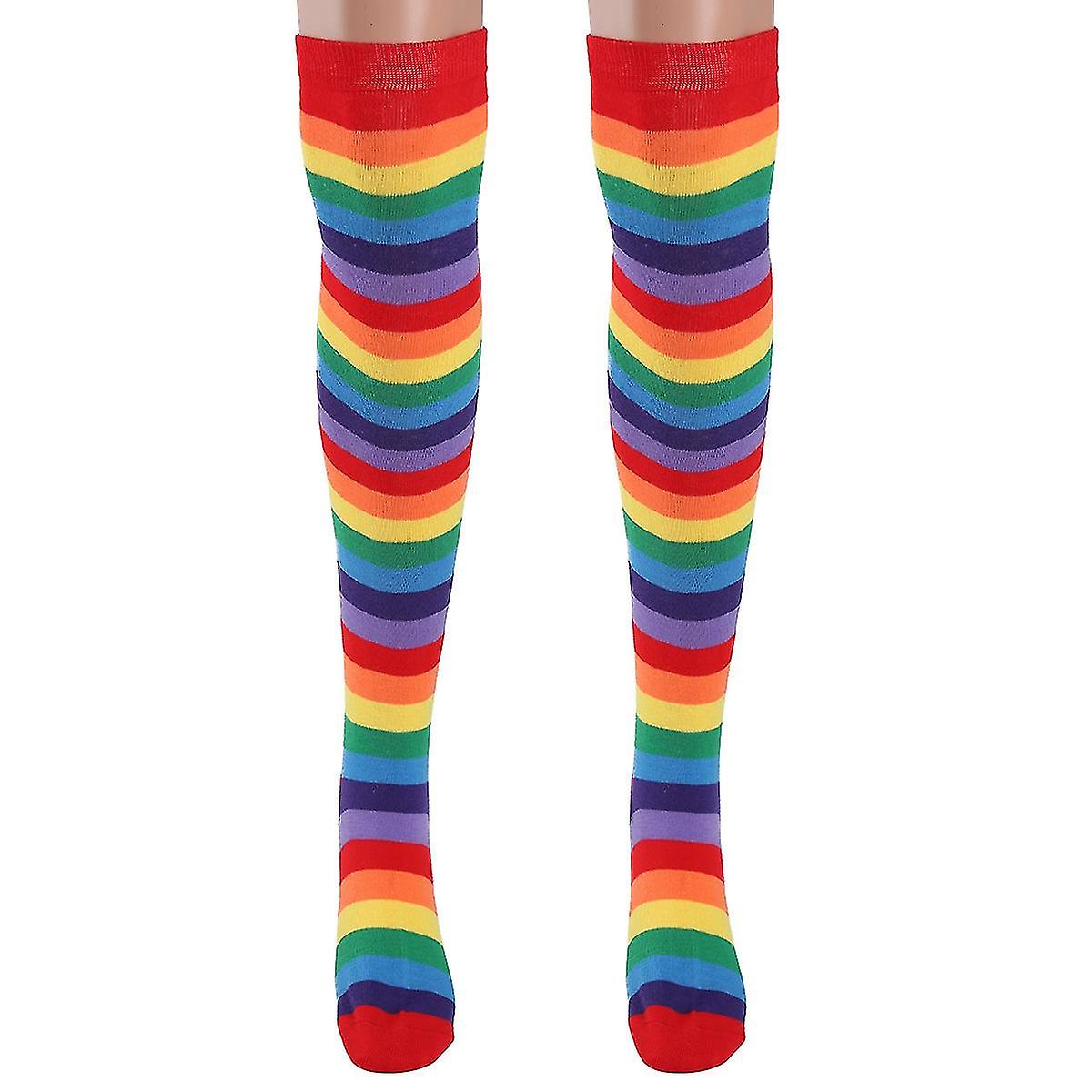 Colorful Rainbow Striped Socks Over the Knee Clown Striped Costume High ...