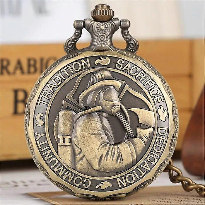 Bronze Fire Fighter Display Quartz Pocket Watch Fob Chain Exquisite ...