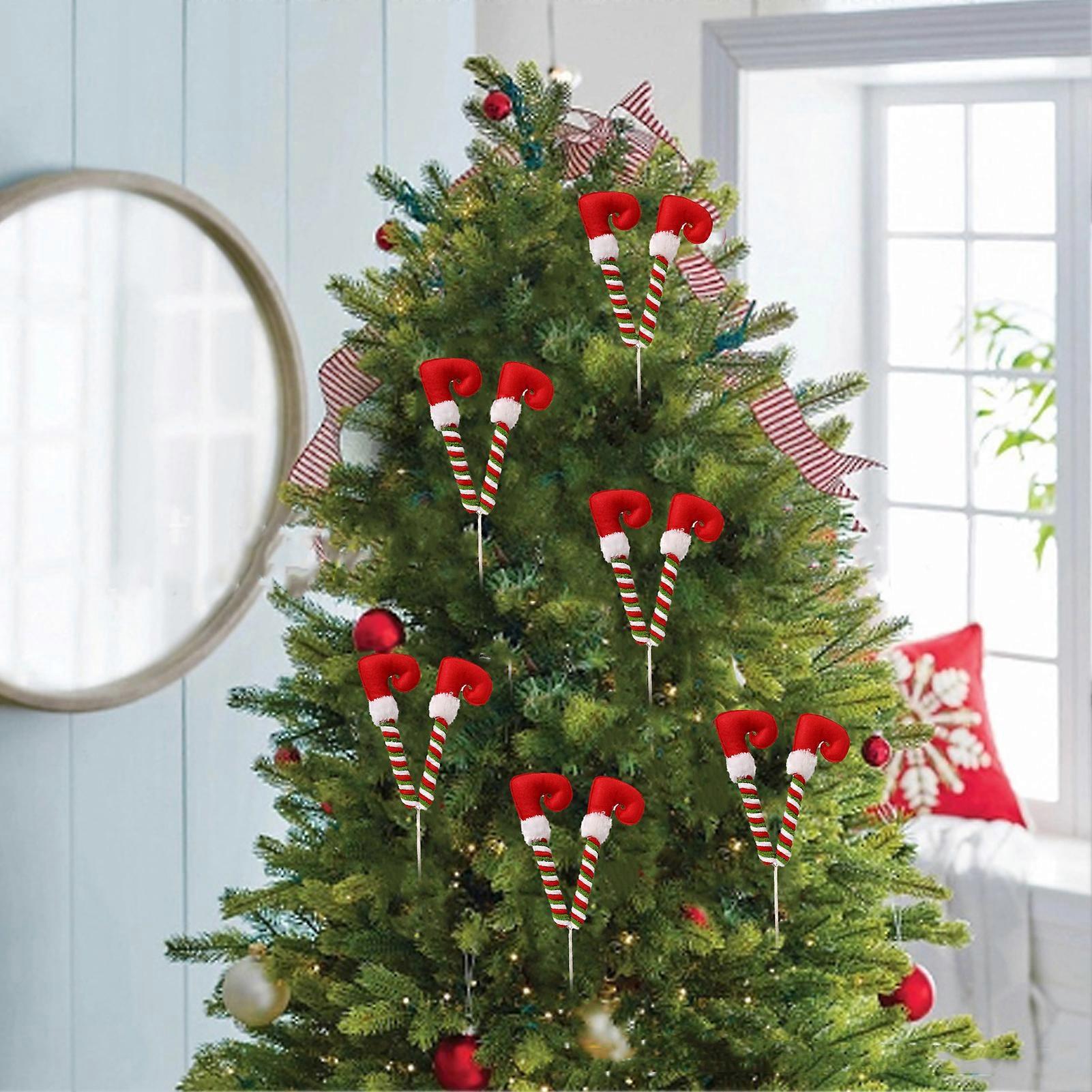 6Pcs Christmas Elf Leg Picks Xmas Tree Ornaments Plush Stuffed Striped ...