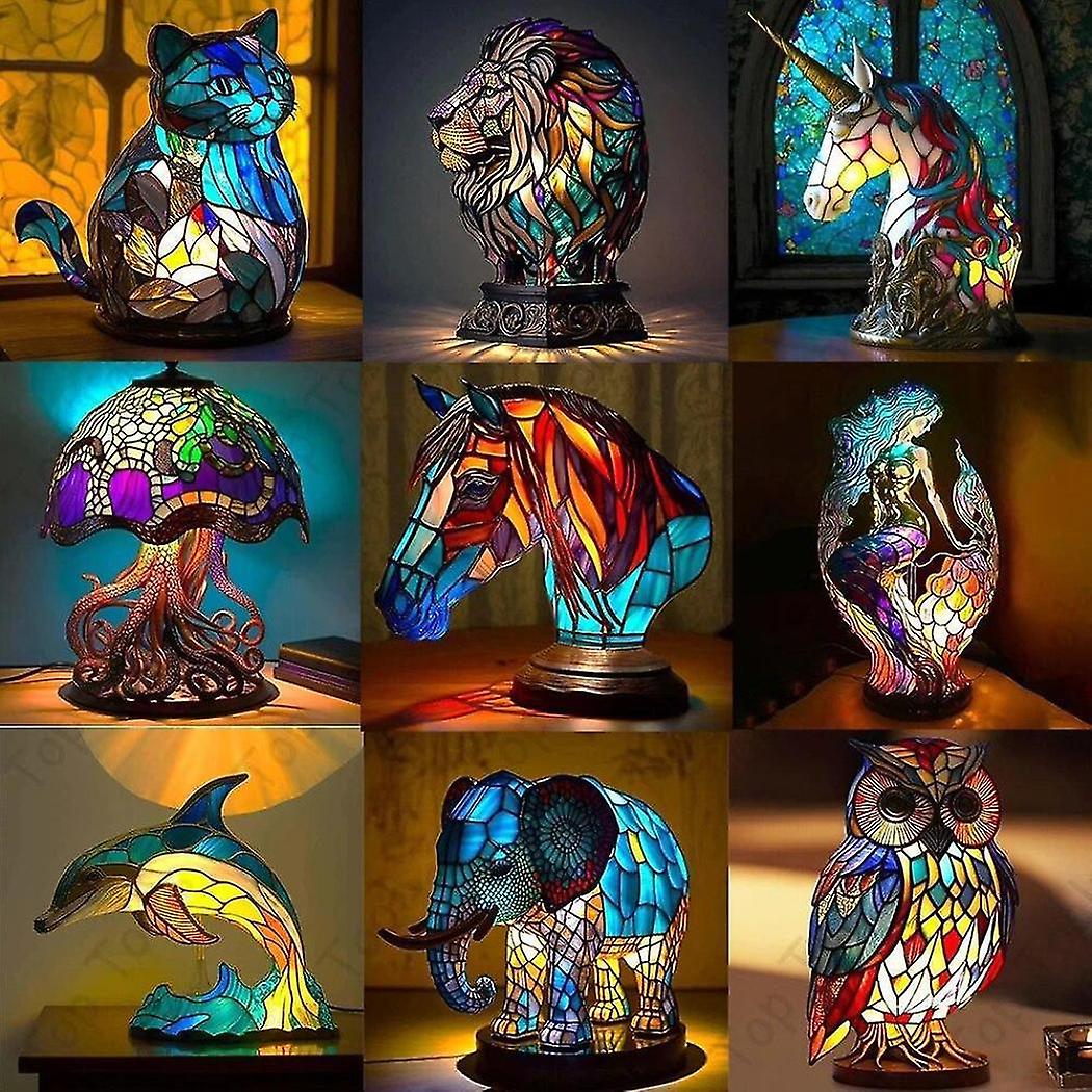 Animal Table Lamp Series Dyed Resin Elephant Lamp Desktop Lion Night ...