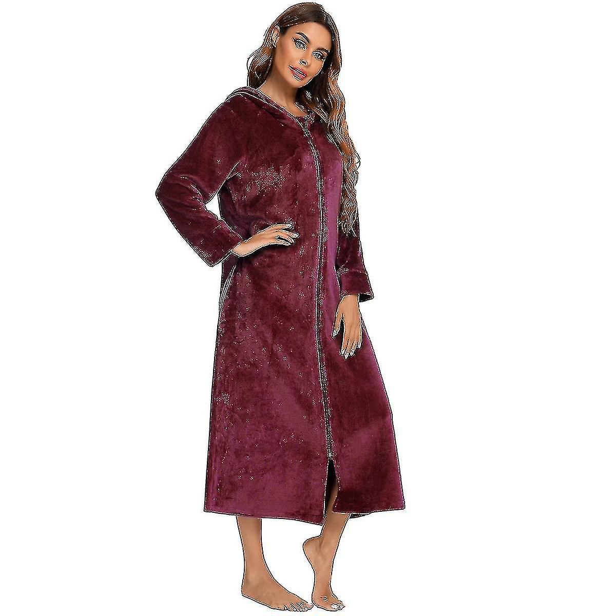Women's Zip Up Plush Fleece Robe Hooded Warm Long Bathrobe Dressing ...