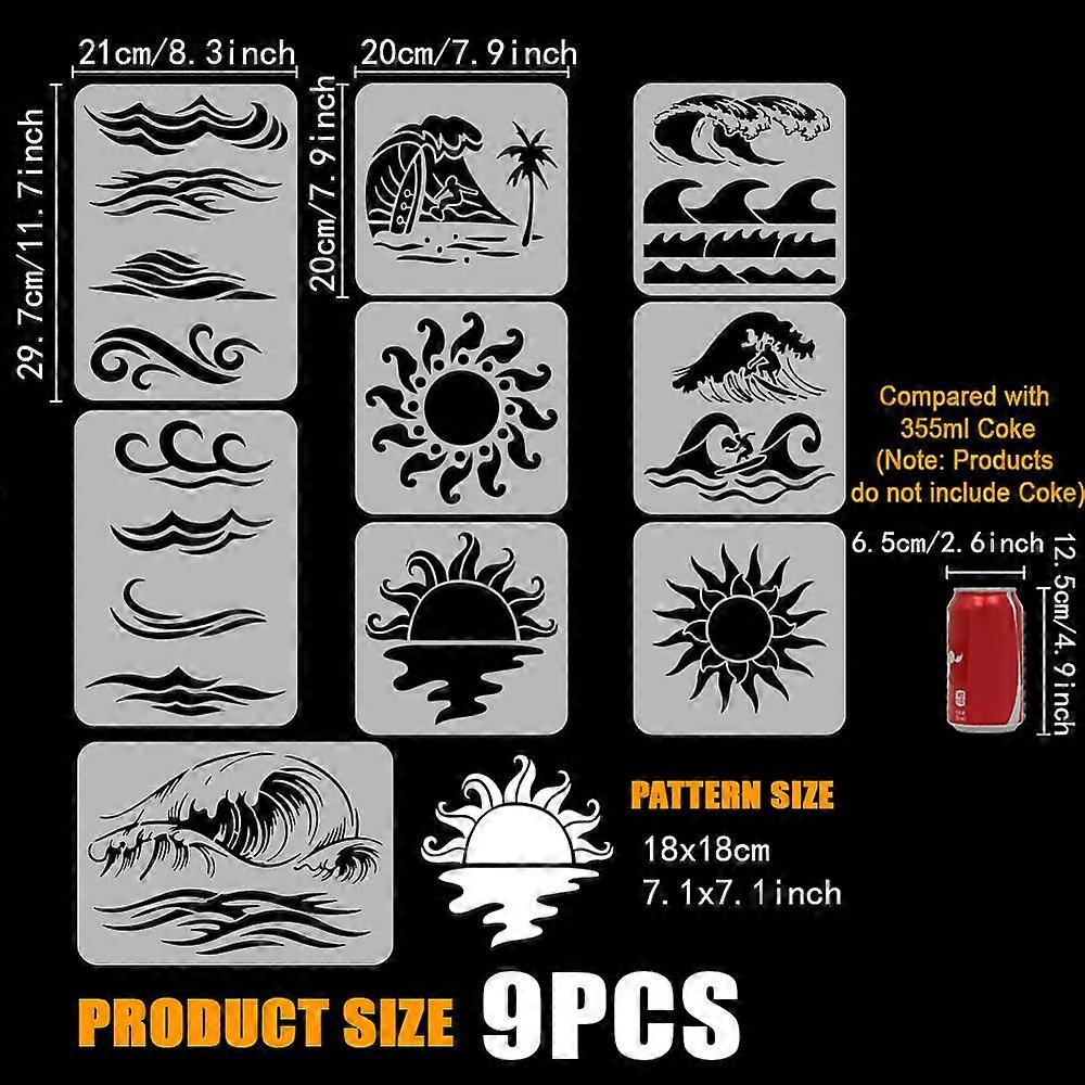 9 PCS Sea Waves Painting Stencil Sun Beach Template Summer Surfing ...