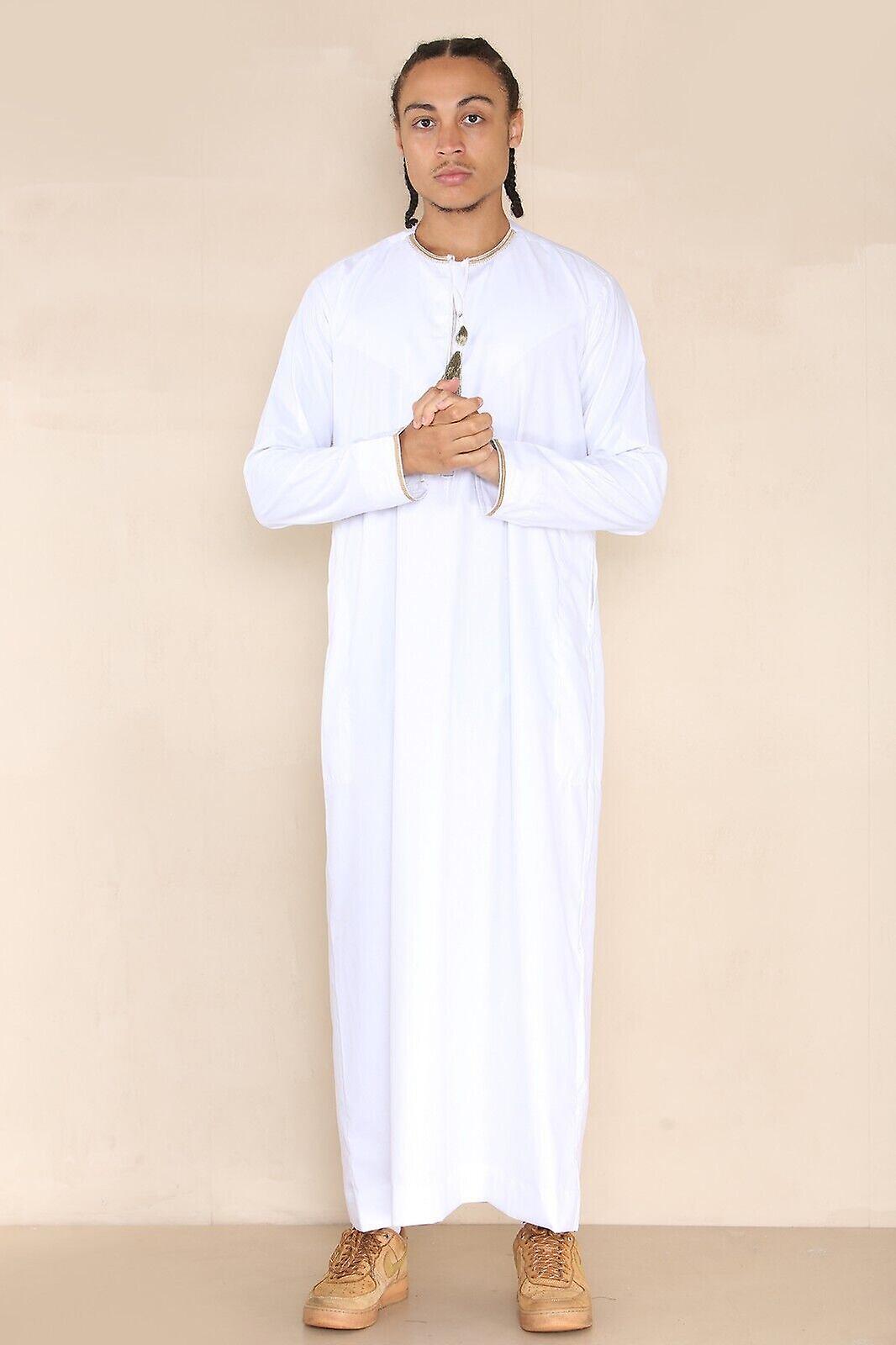 Men's Islamic White Jubba Robe Thobe Arab Eid Kaftan with Tassel ...