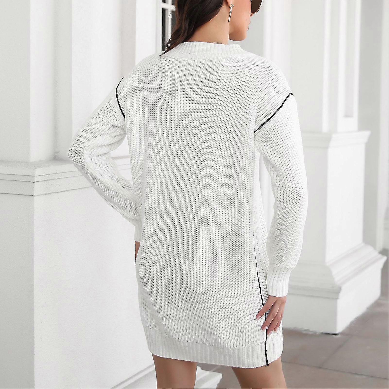 Drawstring Loose Sweater Dress Long Sleeve V Neck Dropped Shoulder ...