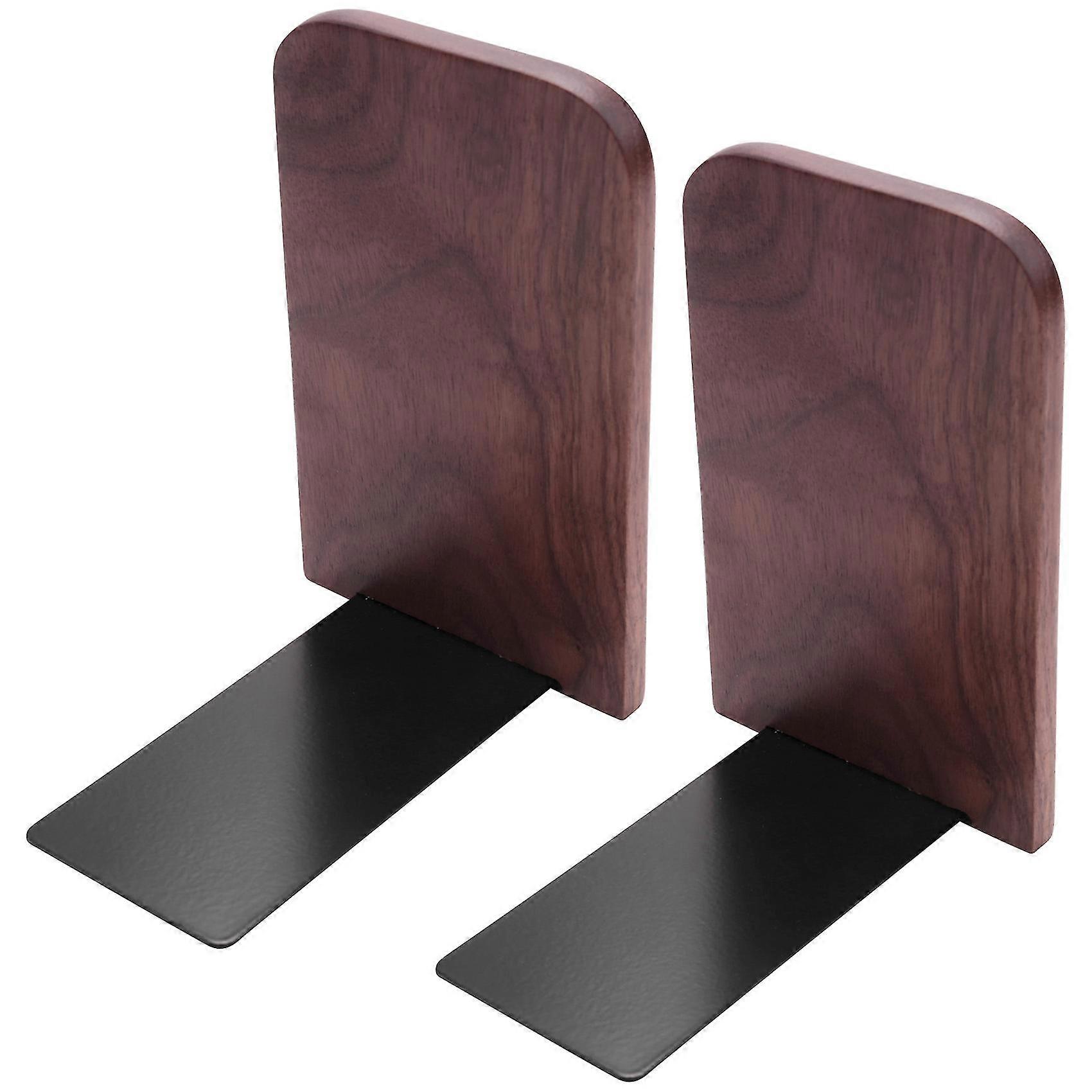 2pcs Wooden Bookends With Metal Heavy Duty Black Walnut Book Stand With ...