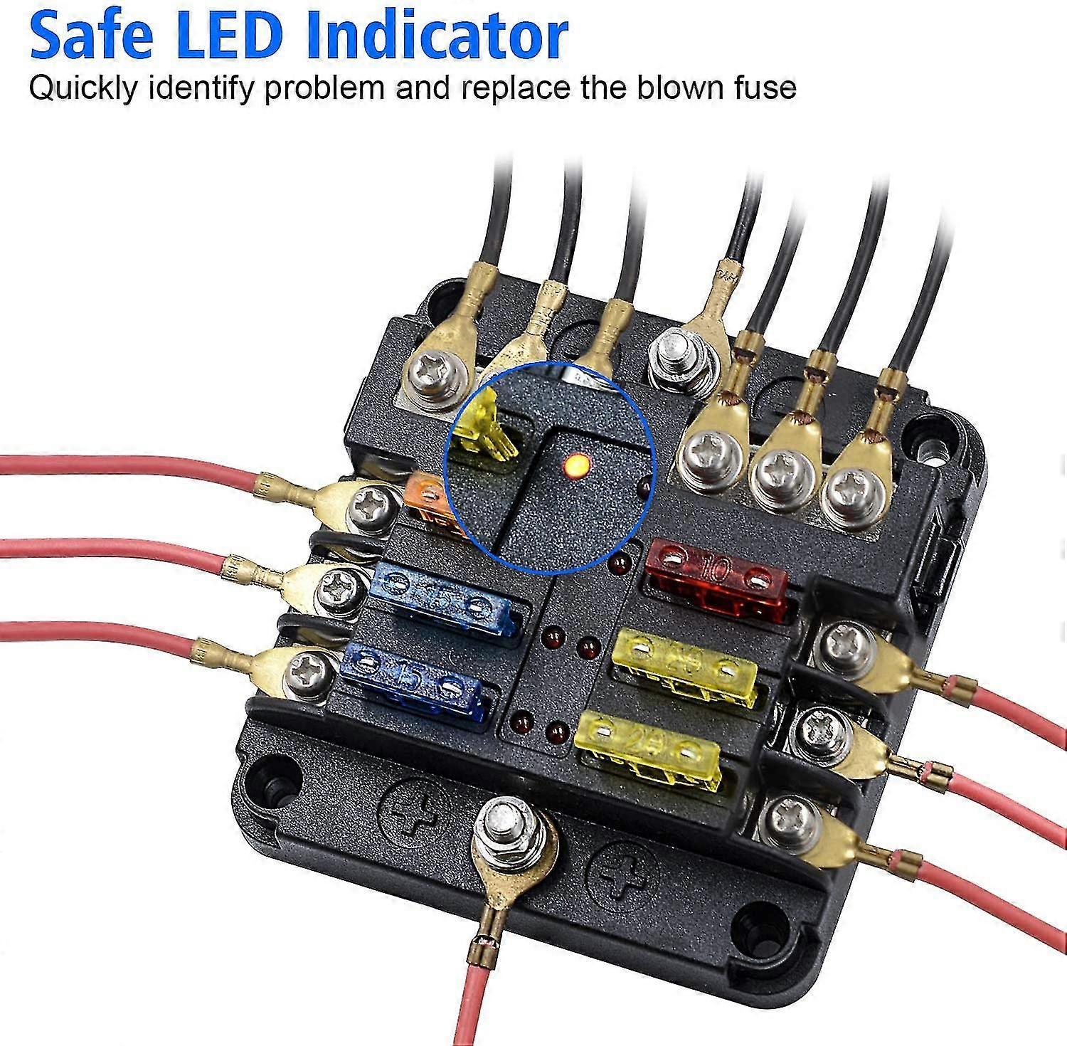 Fuse Box With Negative Bus, 6 Way Blade Fuses Holder Block With Led ...