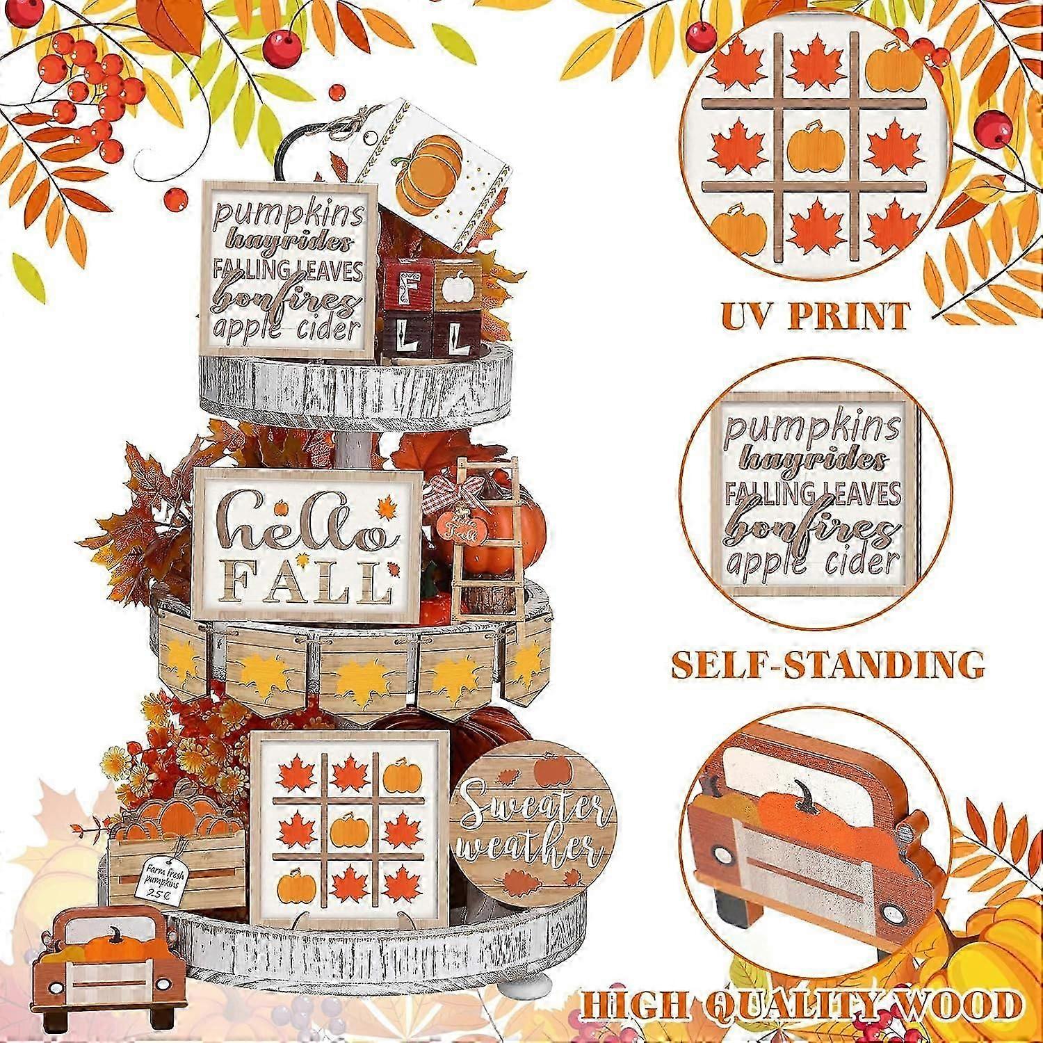 17Pcs Fall Tiered Tray Decorations Set, Thanksgiving Pumpkin Maple ...