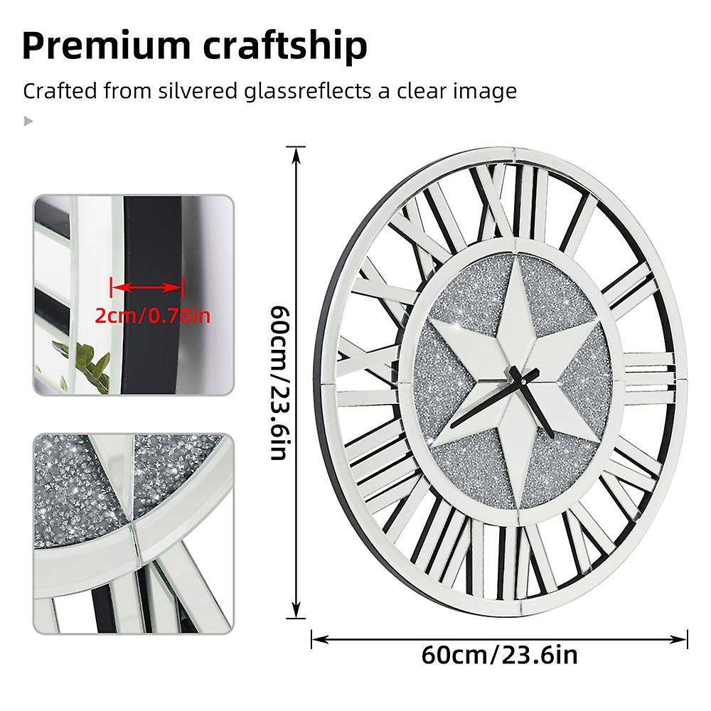 Large Silver Round Mirrored Wall Clock Elegant Design Roman Numerals 60 ...
