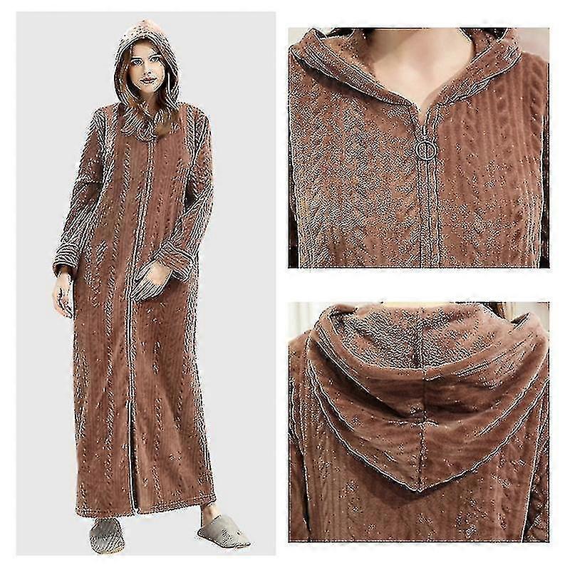 Ladies Hooded Dressing Gown Bath Robe Warm Soft Womens Fleece Zip Up ...