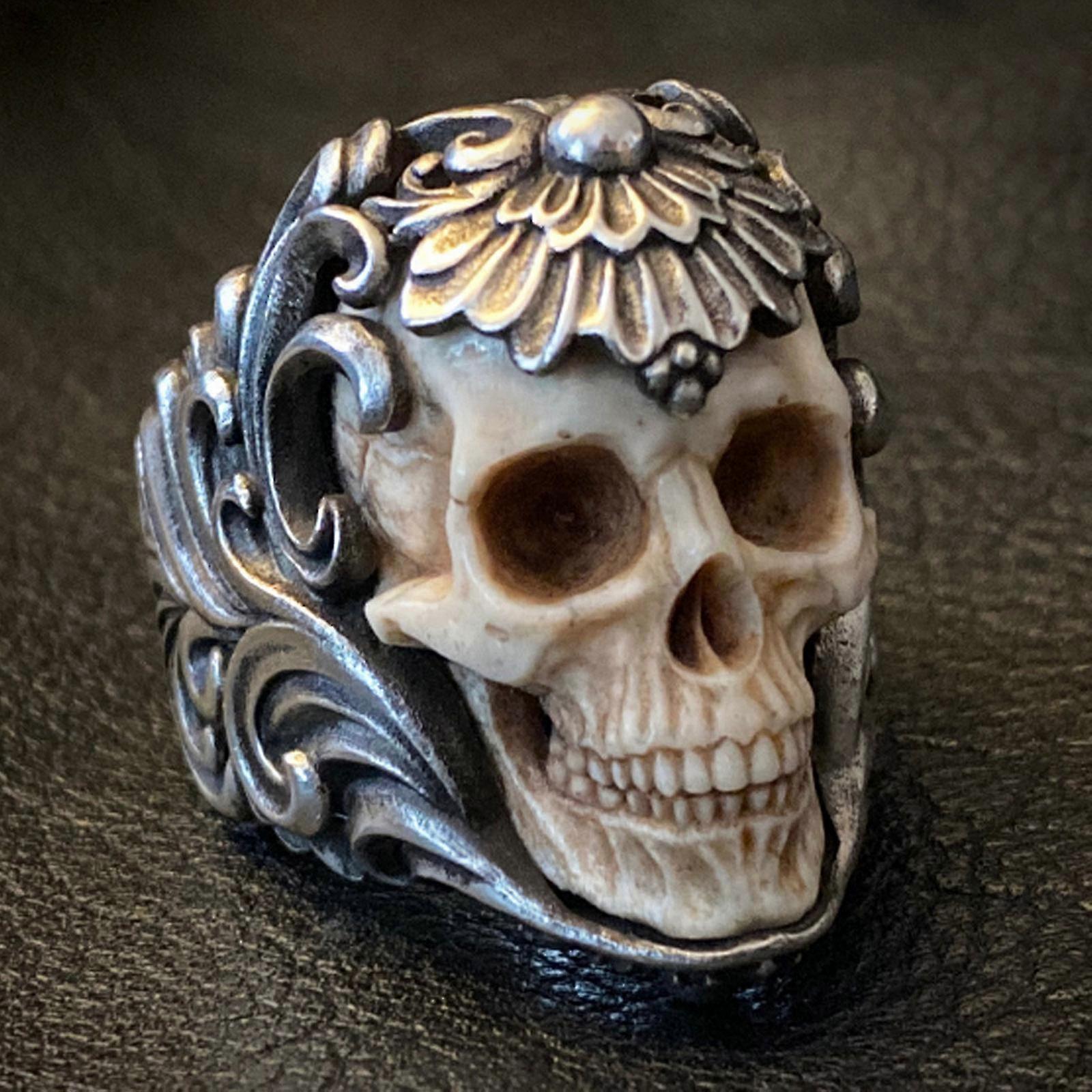 Vintage Polsk Blommig Pansar Antler Skull Ring, Justerbar Öppen Gotisk ...