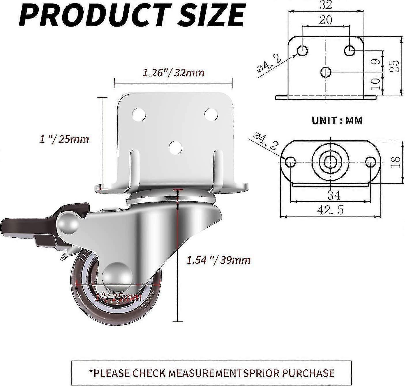 Set Of 4 Small Swivel Furniture Casters, 25mm With Brake, L-mount Plate ...