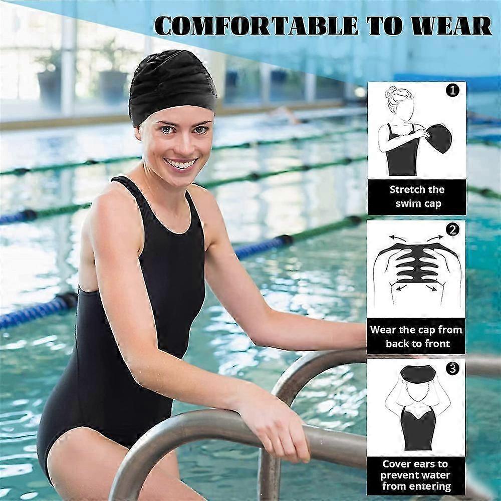 Women Swim Caps Plain Swimming Pleated Swim Cap for Long Hair Bathing ...