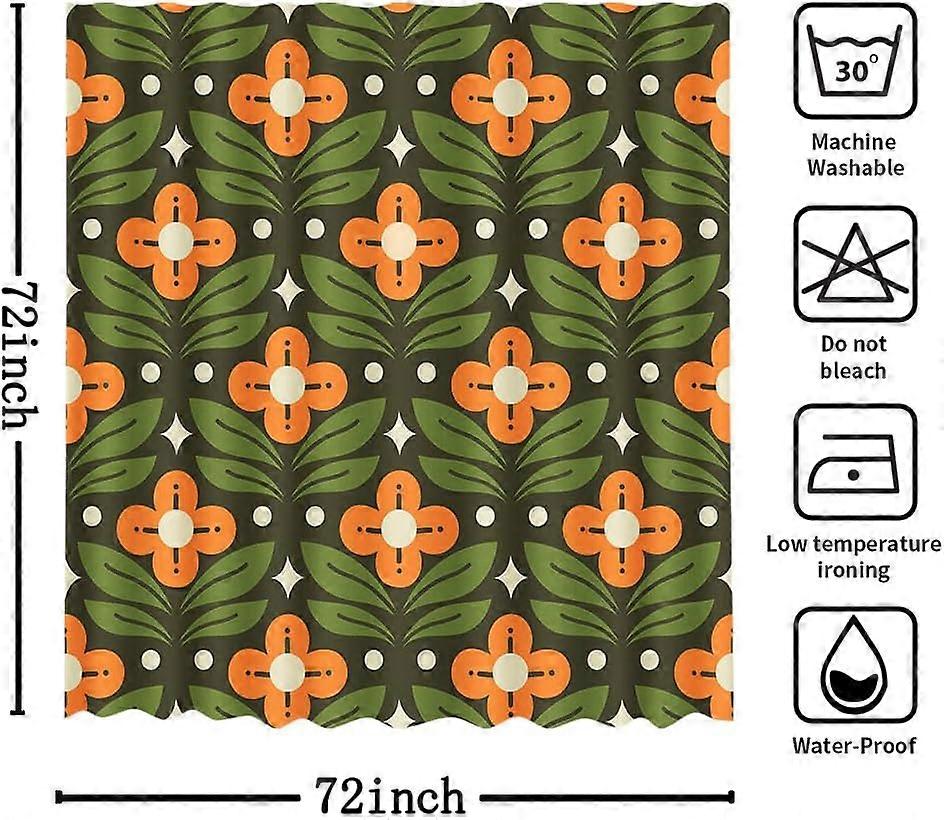 Orange Floral Green Shower Curtain Vintage Mid Century Modern Abstract Geometric Bathroom ...