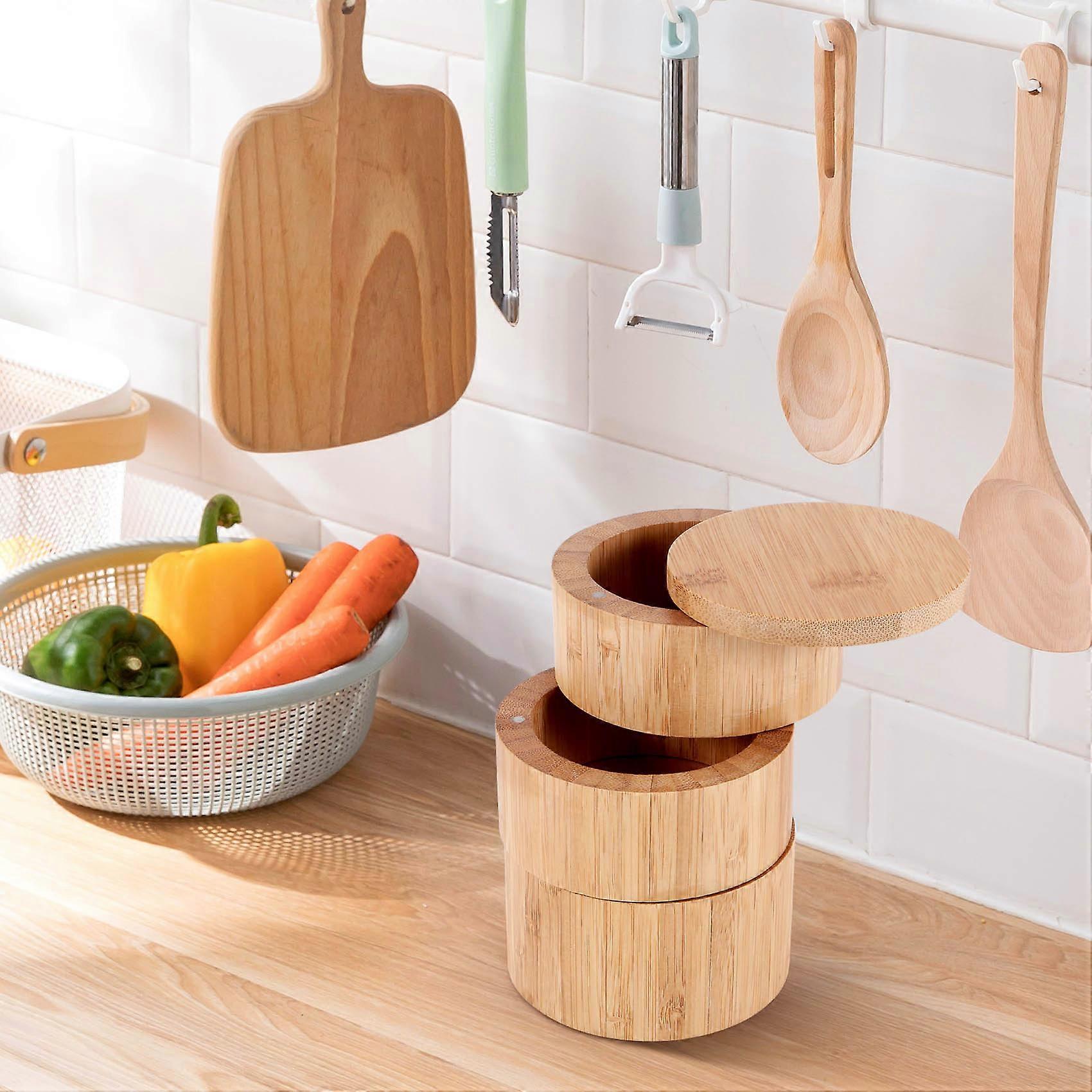 Bamboo Triple Salt Box,Wood Box,3-Tier Round Bamboo Box for Salt or ...