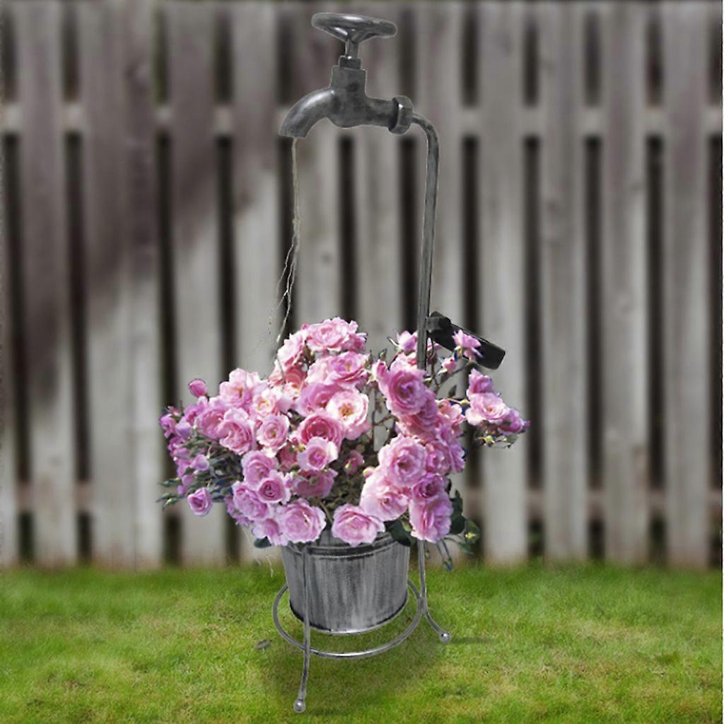Solar Powered Water Faucet Garden Stake LED Lights Metal Flowerpot ...