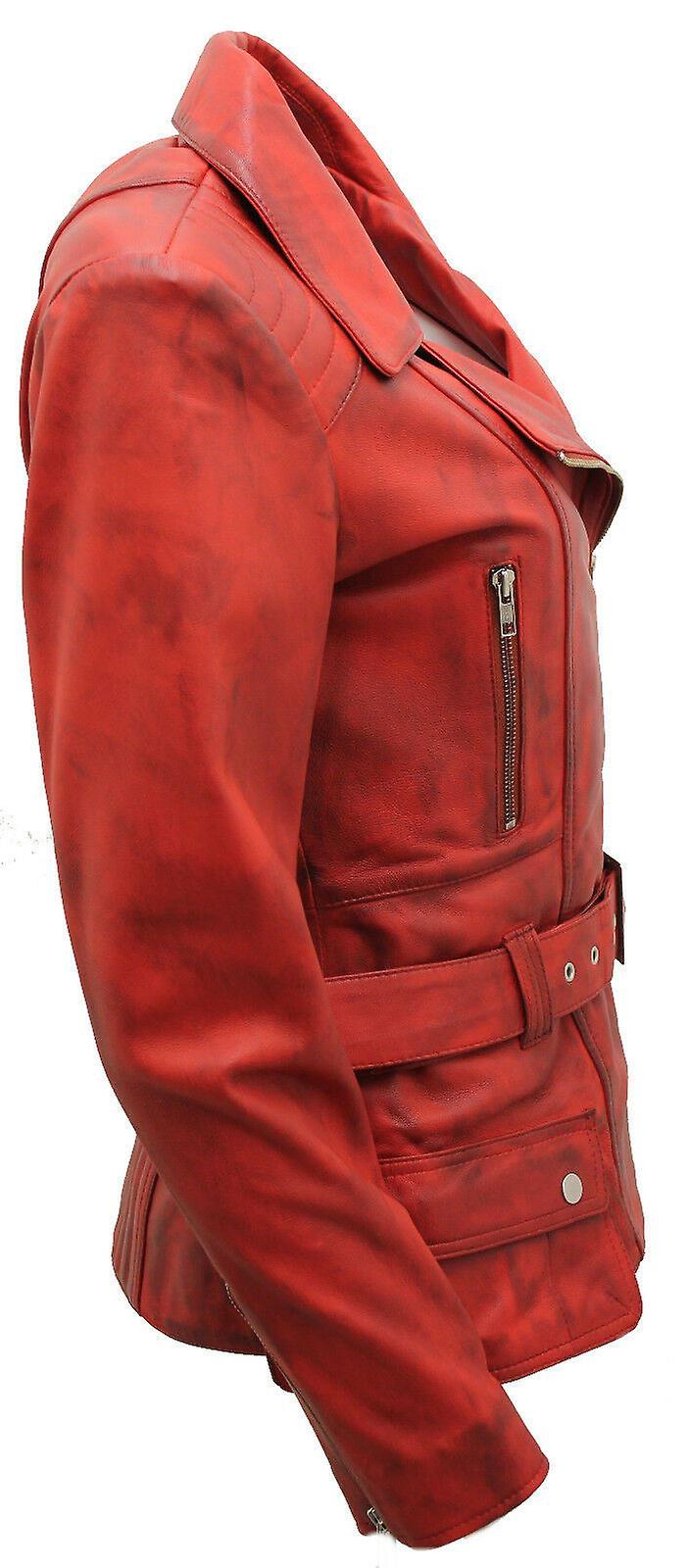 Ladies Red Long Feminine Leather Biker Jacket | Fruugo UK